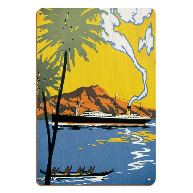Hawaii - Steamship and Outrigger Canoe - Vintage Travel Poster c.1930s ...