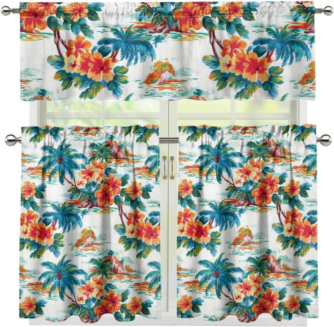 Hawaii Style Coconut Tree Kitchen Curtain Set Blocking Sunlight Window ...