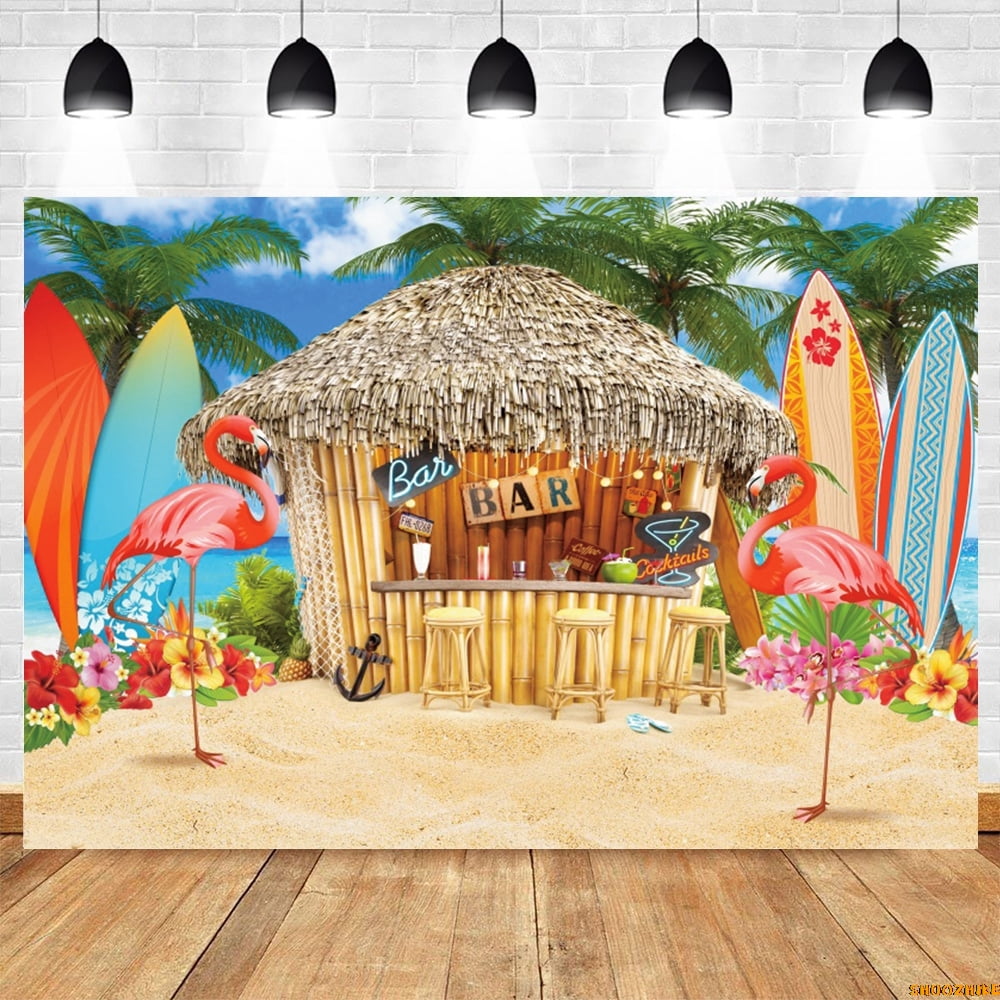 Hawaii Summer Seaside Beach Backdrop Tropical Flower Palm Tree Flamingo ...