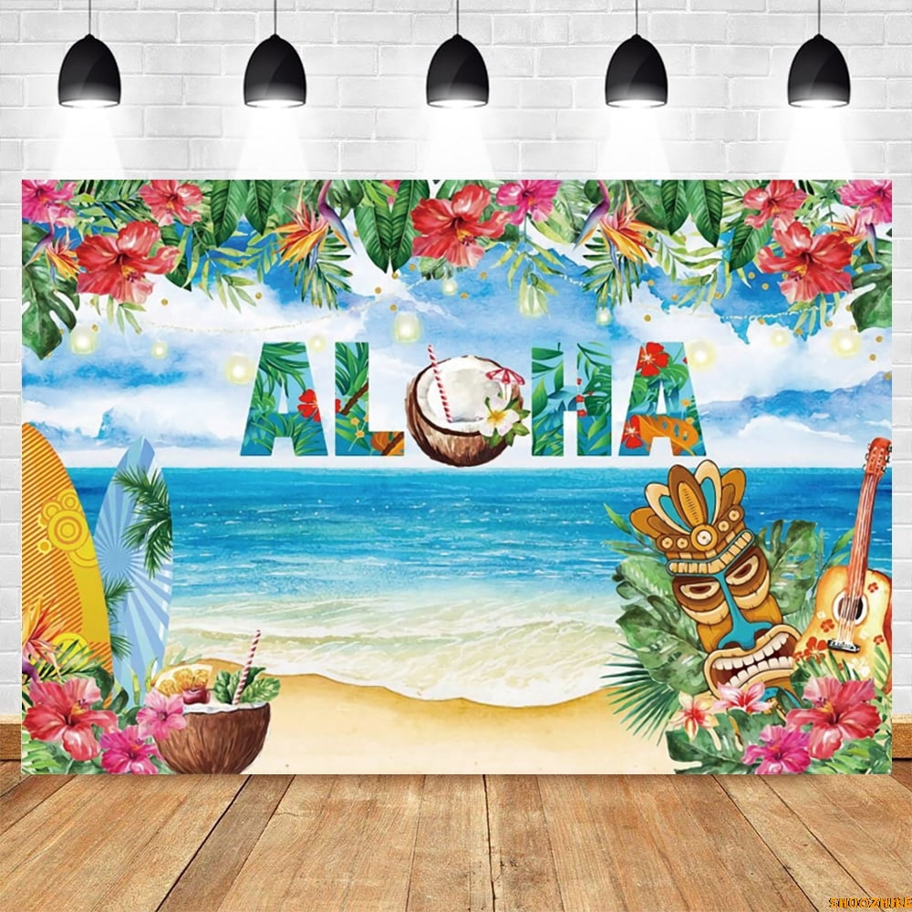 Hawaii Summer Seaside Beach Backdrop Tropical Flower Palm Tree Flamingo Surfboard Aloha Birthday ...