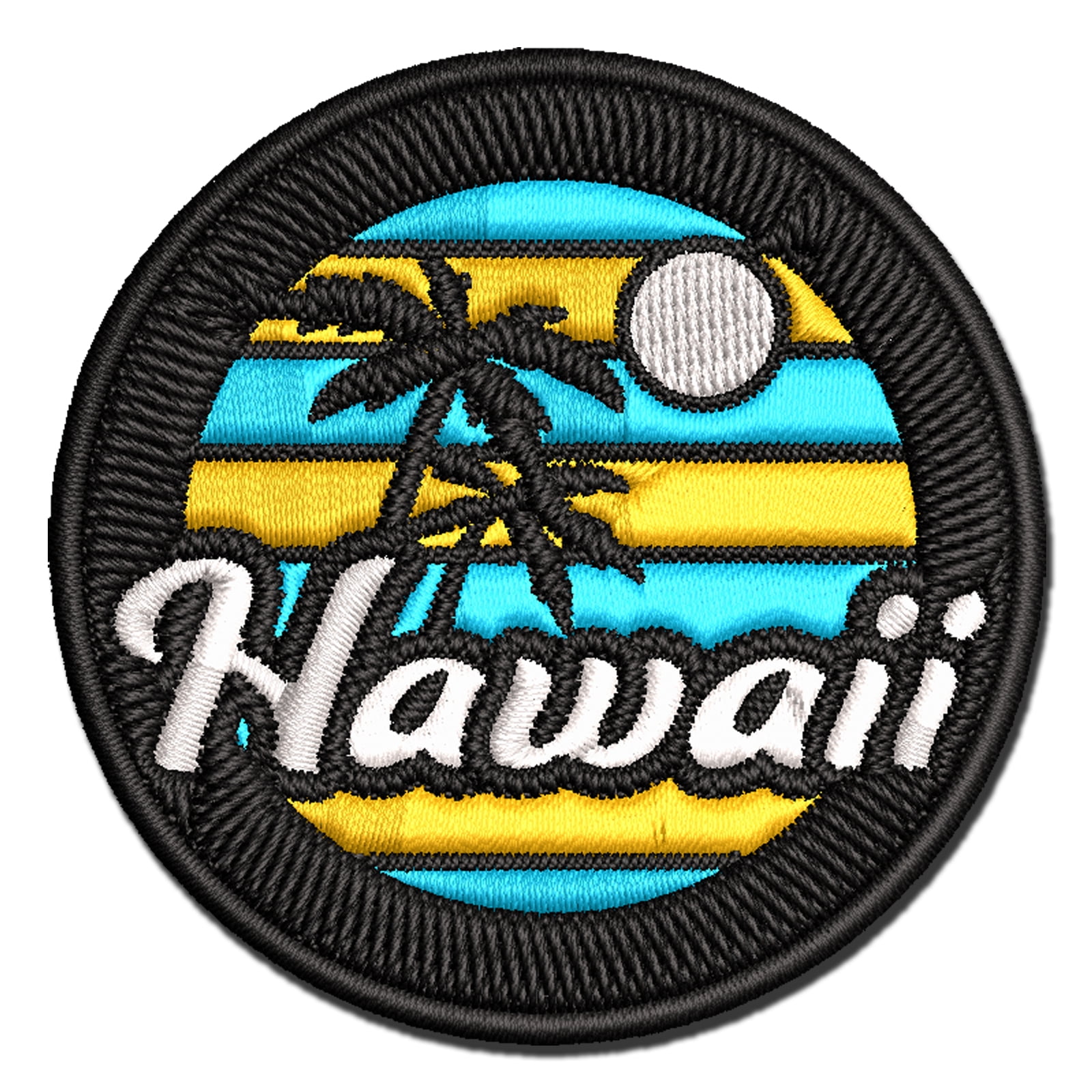 Hawaii Sunset Text with Palm Trees Applique Multi-Color Embroidered ...