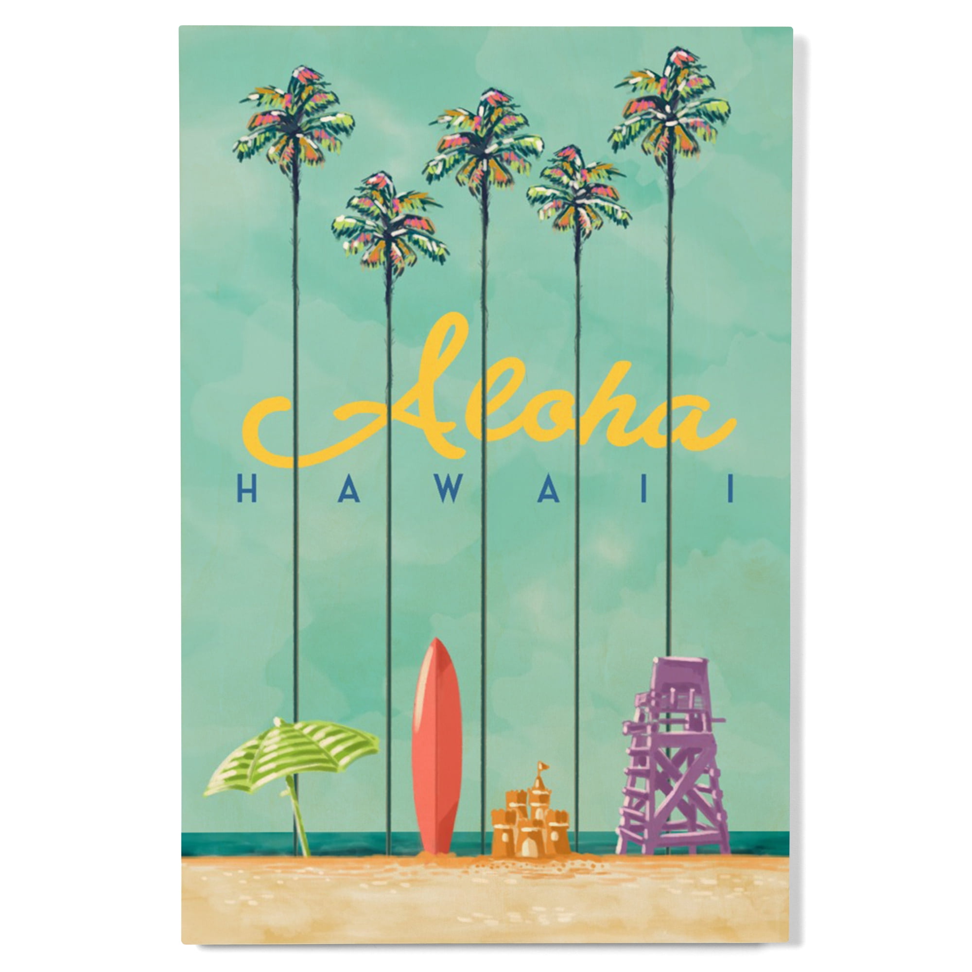 Hawaii, Tall Palms Beach Scene, Aloha Birch Wood Wall Sign (12x18 ...