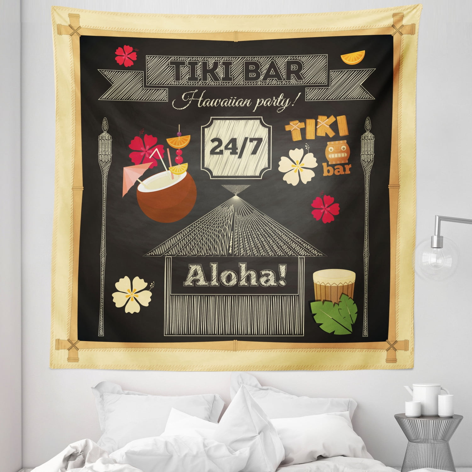 Hawaii Tapestry, Traditional Tiki Bar Poster Design with Coconut Drink ...