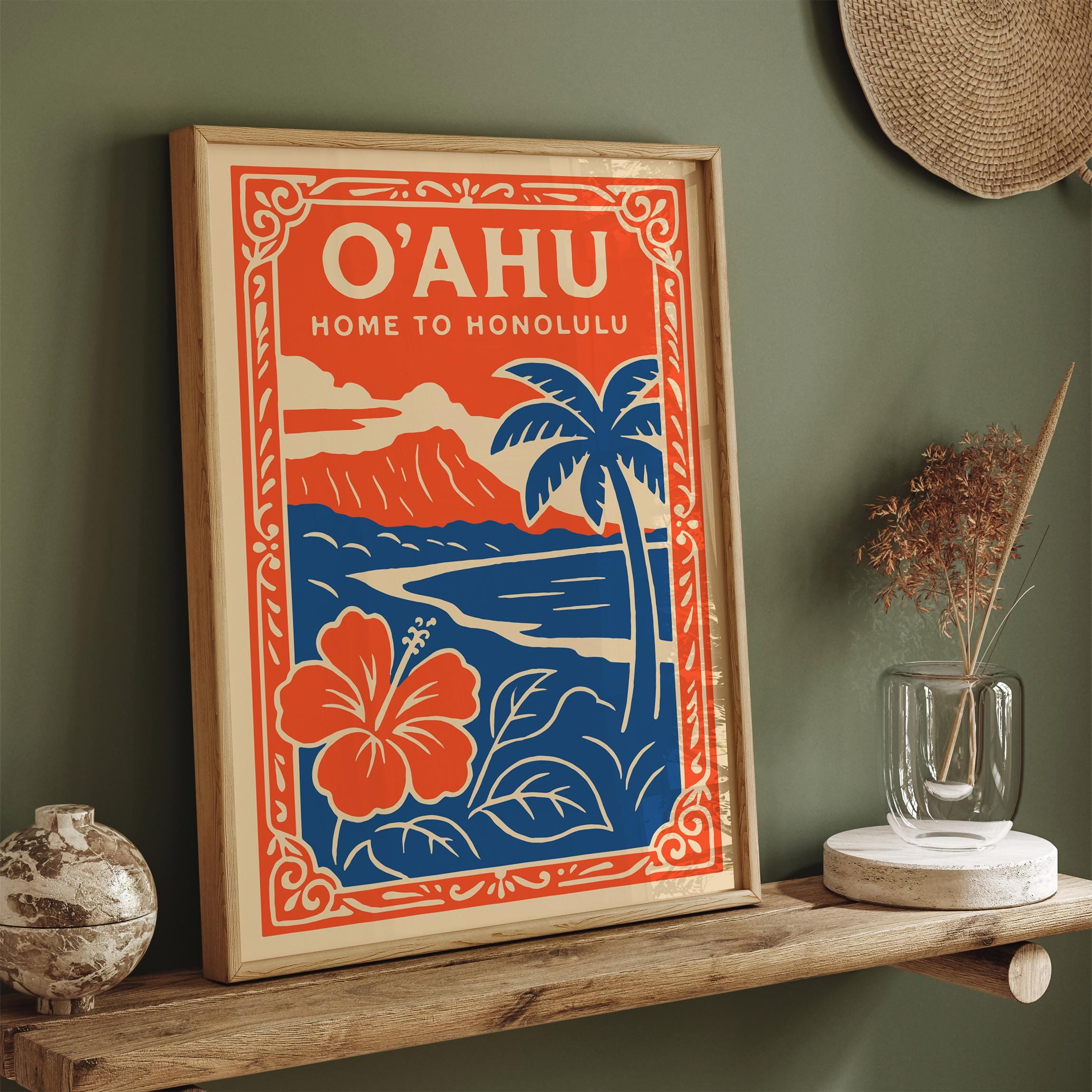 Hawaii Travel Art Print: Vintage Oahu, Honolulu, Hibiscus & Palm Trees ...