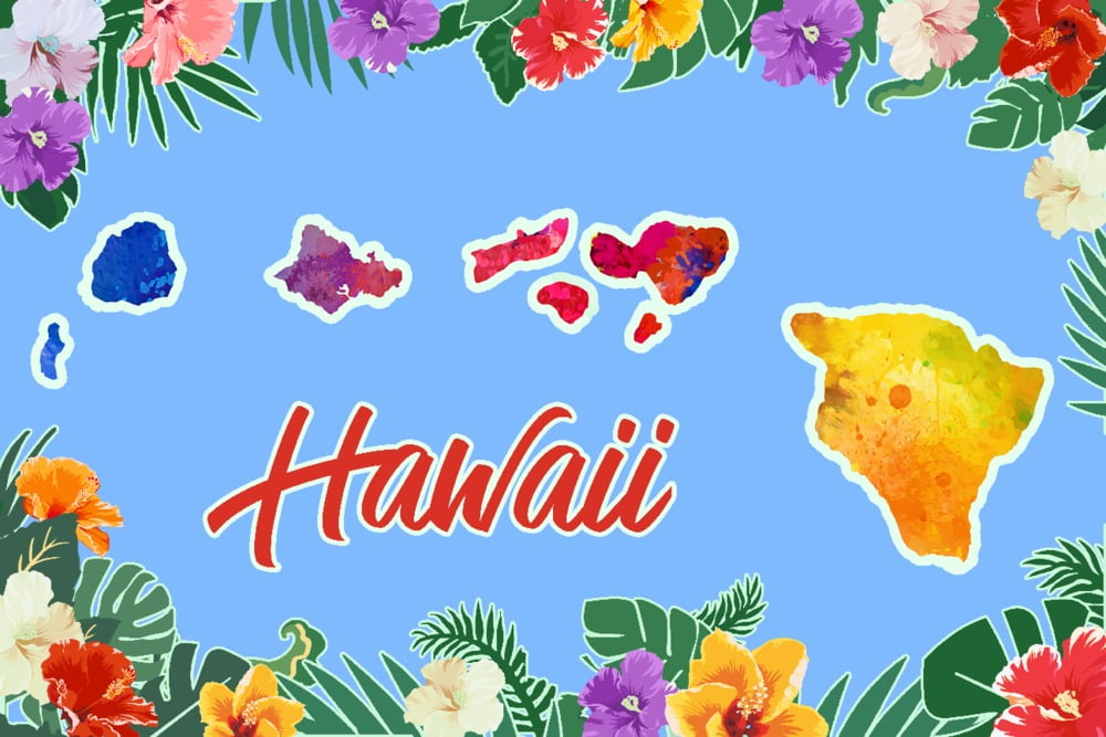 Hawaii, Tropical Palm Fronds Wreath and Islands VAR (24x36 Giclee ...