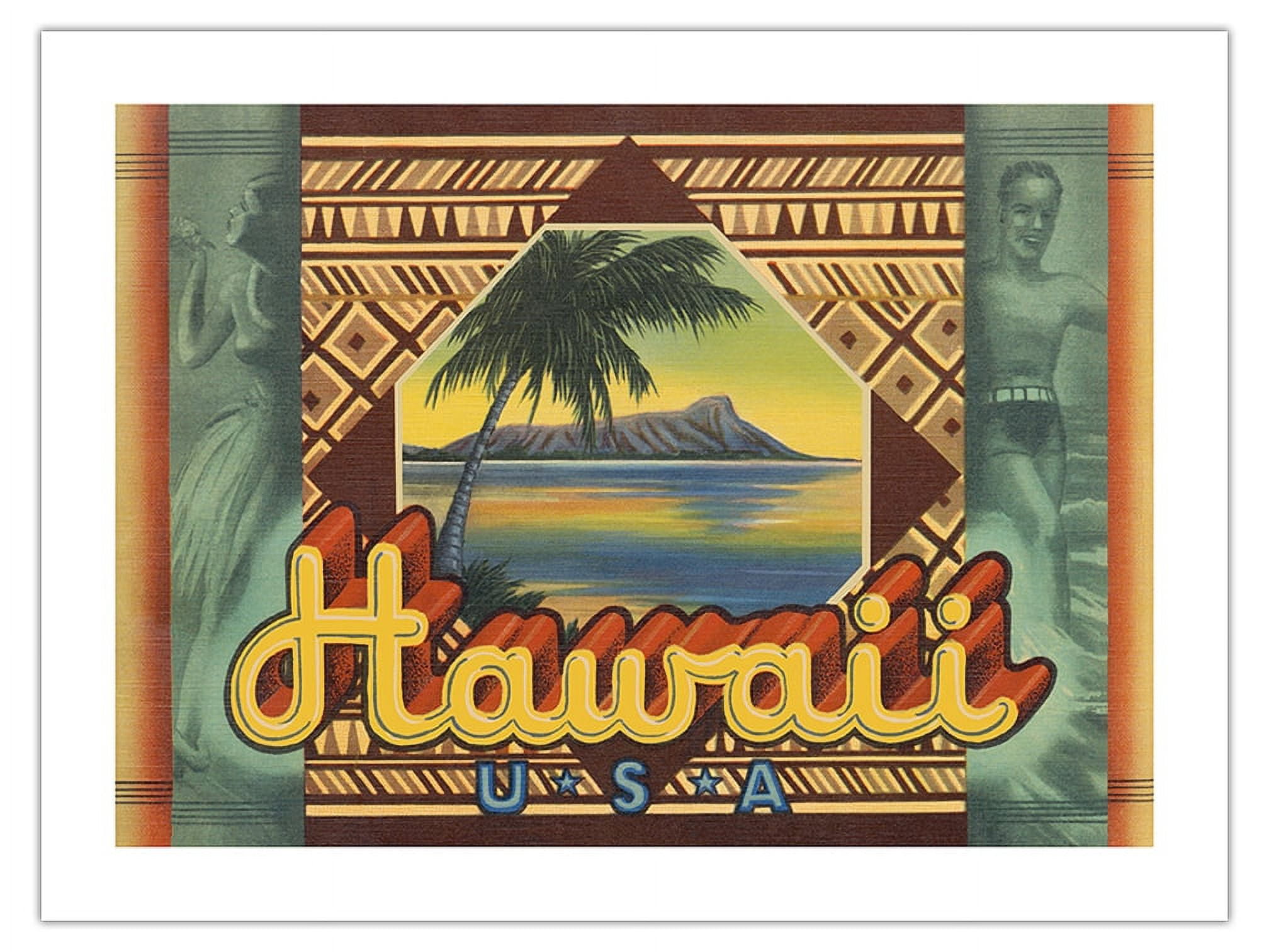 Hawaii USA - Hawaiian Hula Dancer Surfer - Vintage Travel Poster c.1937 ...