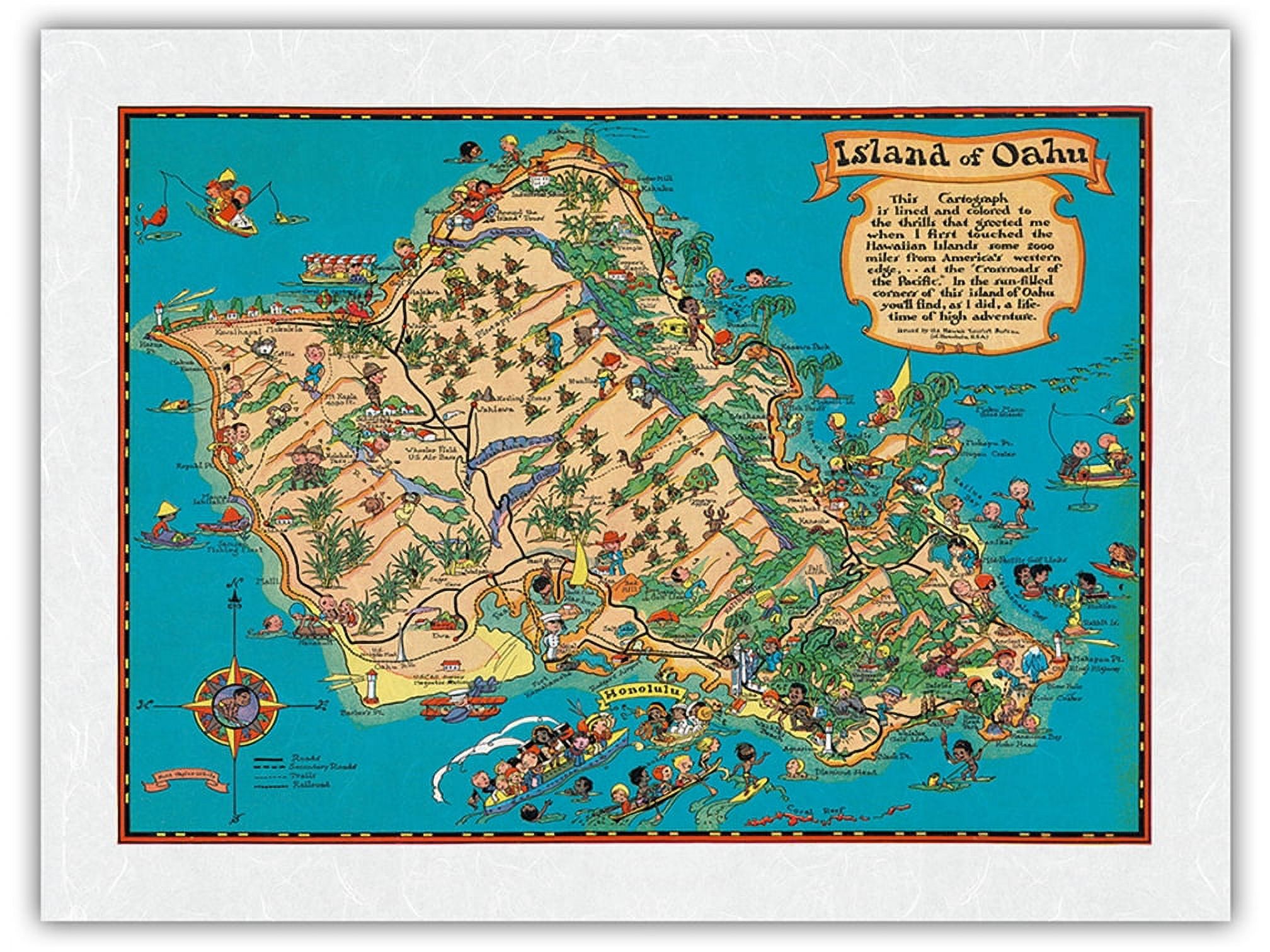Hawaii USA - Island of Oahu Map - Vintage Hawaiian Colored Cartographic ...