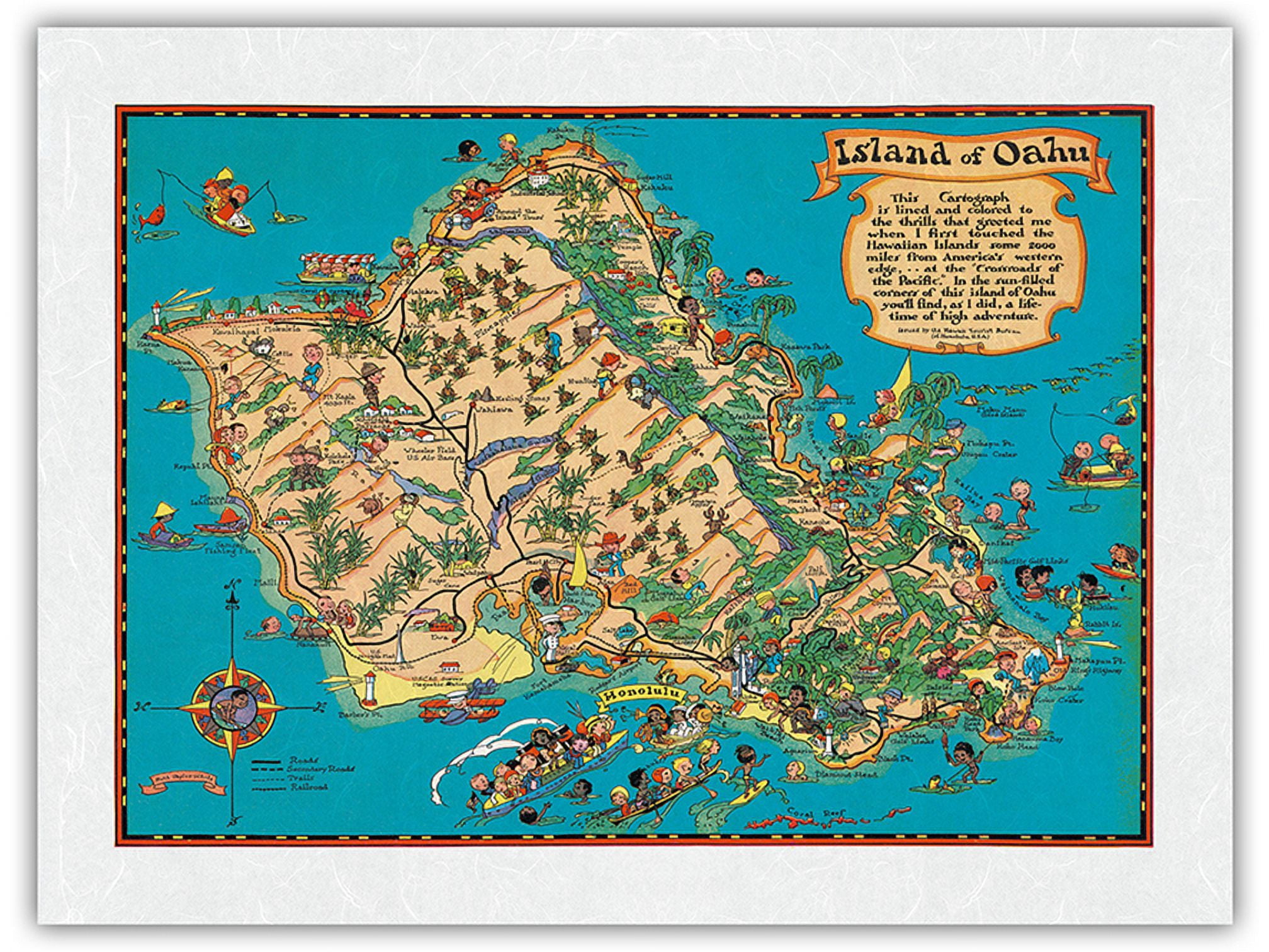 Hawaii USA - Island of Oahu Map - Vintage Hawaiian Colored Cartographic ...