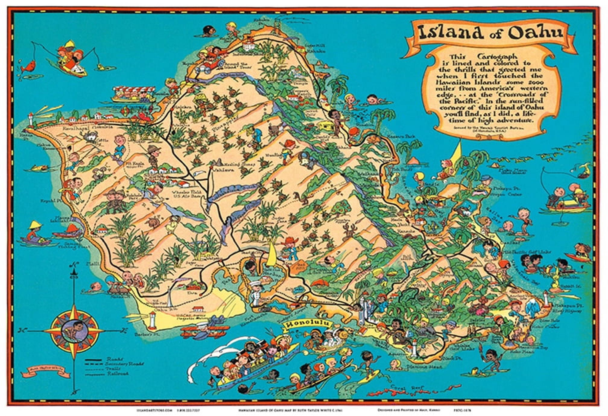 Hawaii USA - Island of Oahu Map - Vintage Hawaiian Colored Cartographic ...