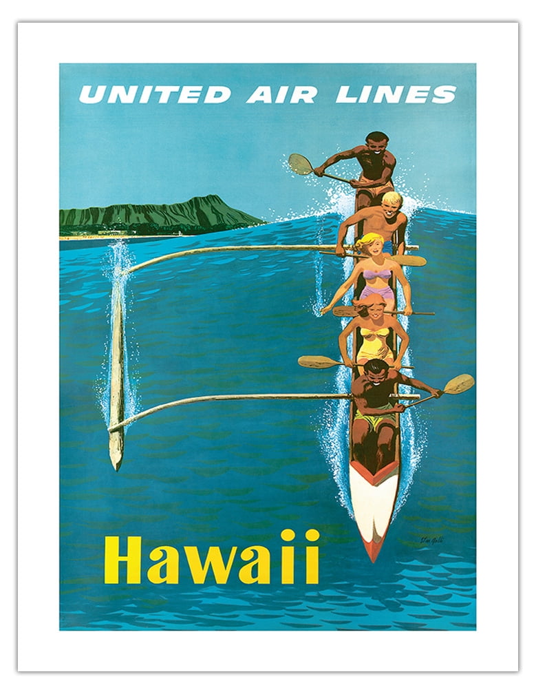 Hawaii - United Air Lines - Outrigger Canoe Surfing - Vintage Airline ...