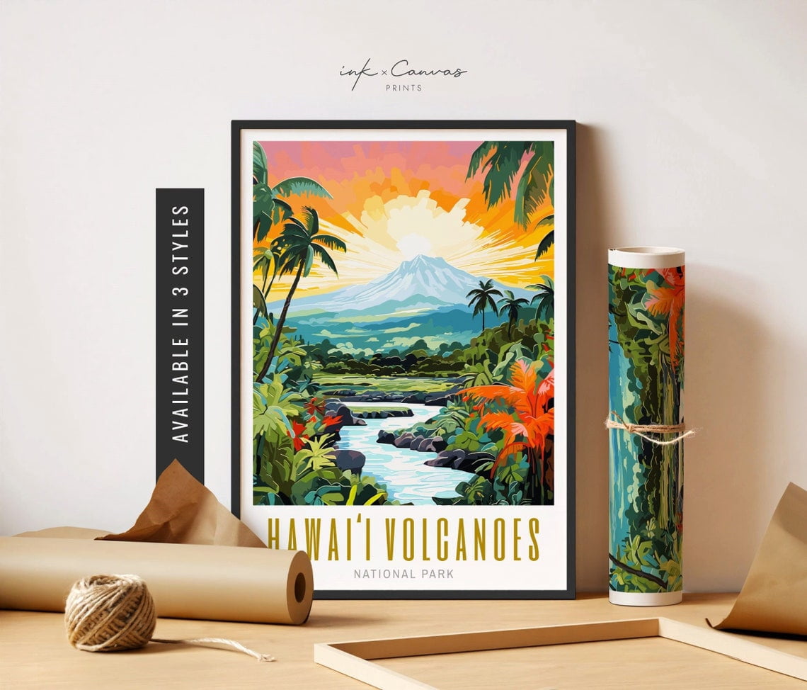 Hawaii Volcanoes National Park Poster Hawai'I Art Erupting Volcano ...