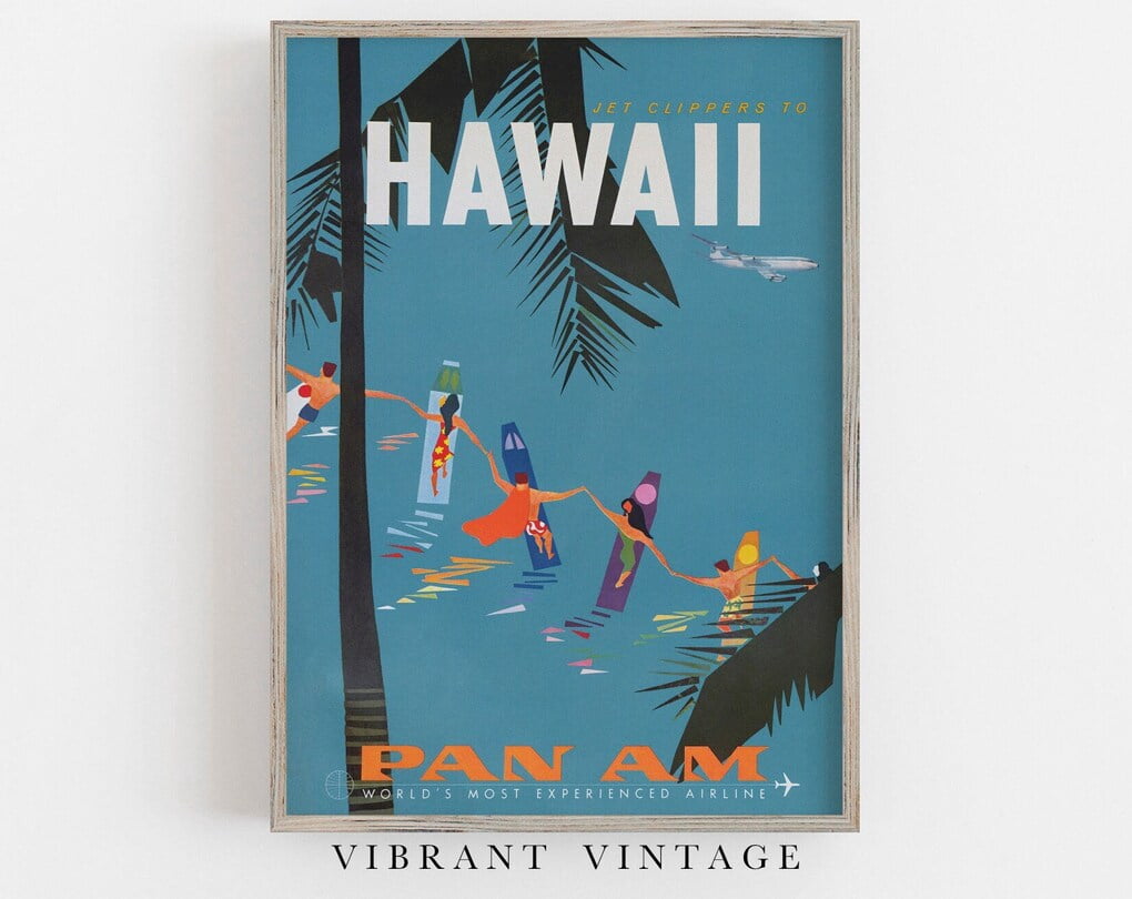 Hawaii Wall Art, Vintage Travel Poster, Surfers Print, Palm Trees Print ...