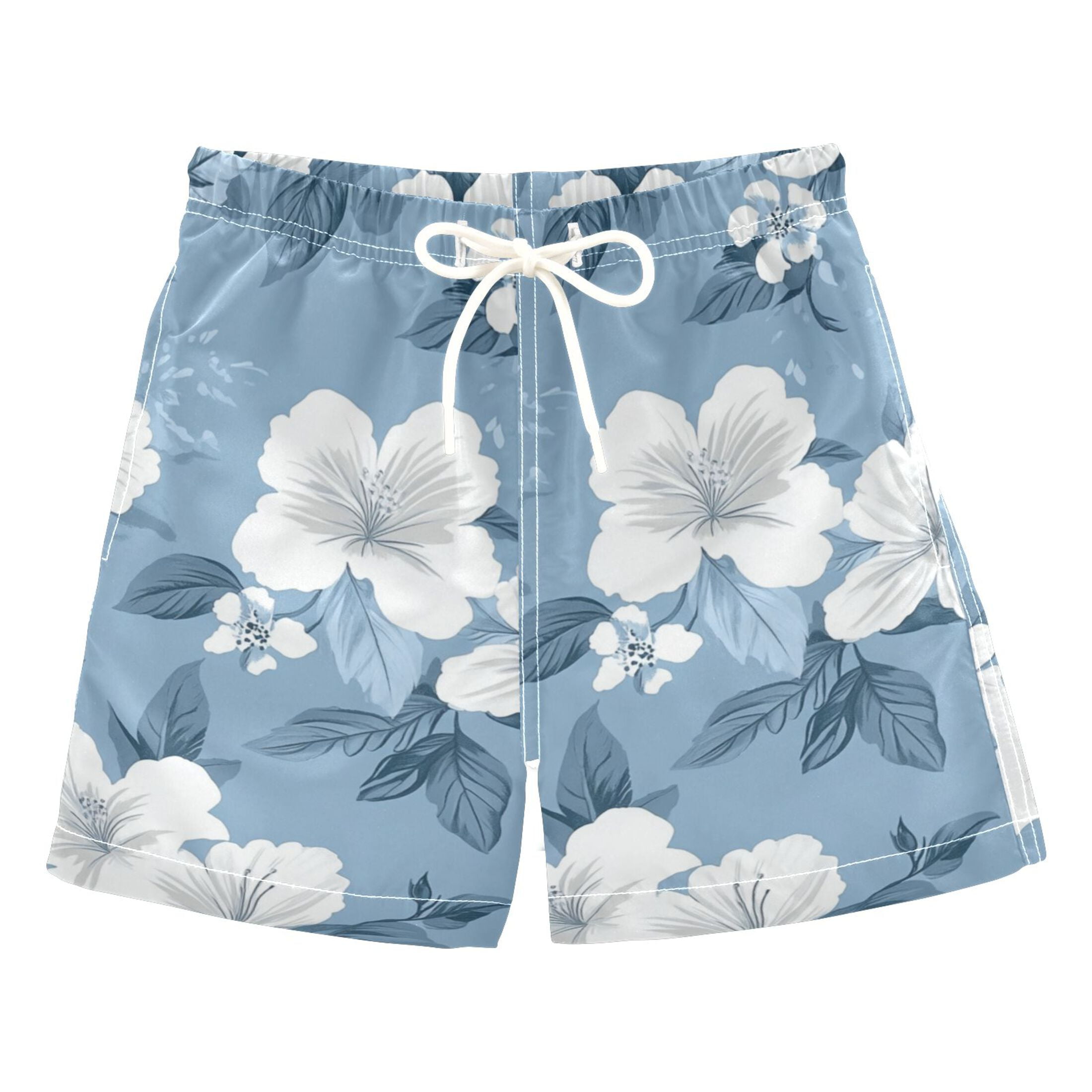 Hawaii White Flowers Light Blue Background Boys' Swim Trunks Board ...