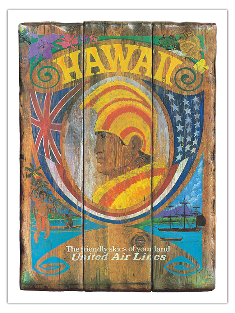 Hawaii - Wood Panel Sign with Hawaiian Chief (Ali’i) - United Air Lines ...