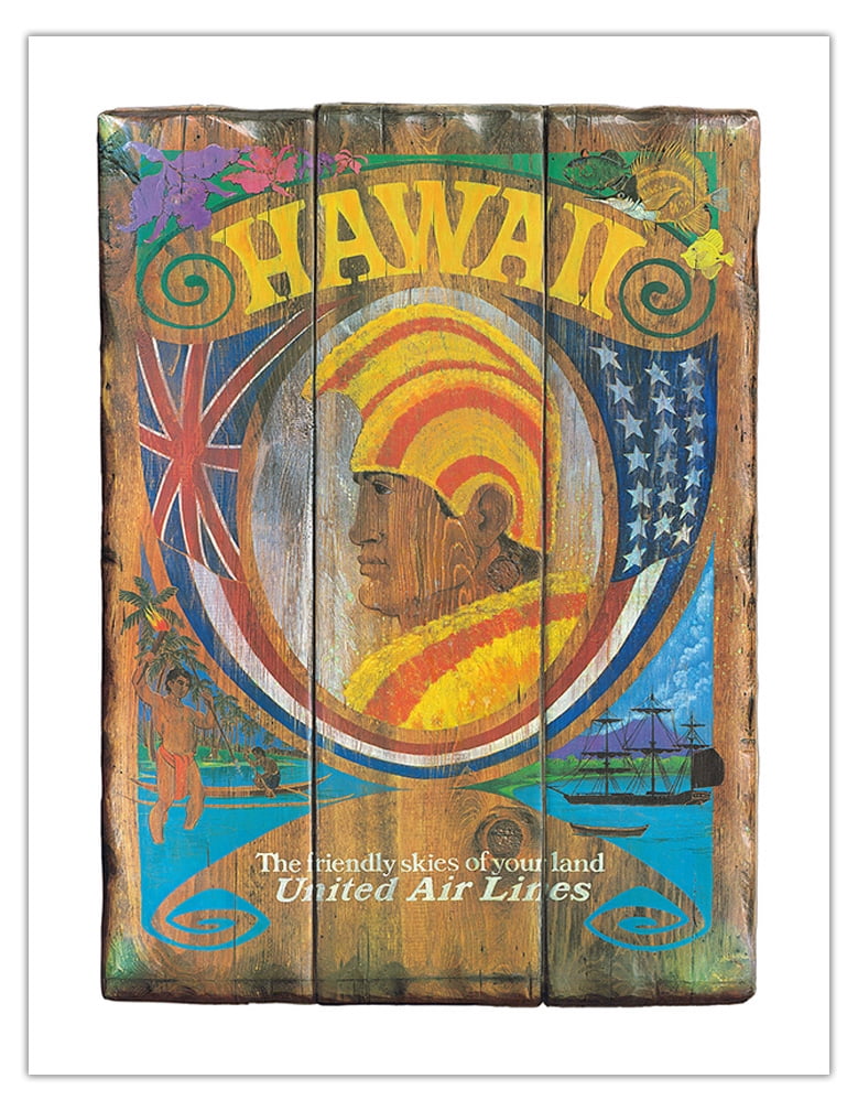 Hawaii - Wood Panel Sign with Hawaiian Chief (Ali’i) - United Air Lines ...