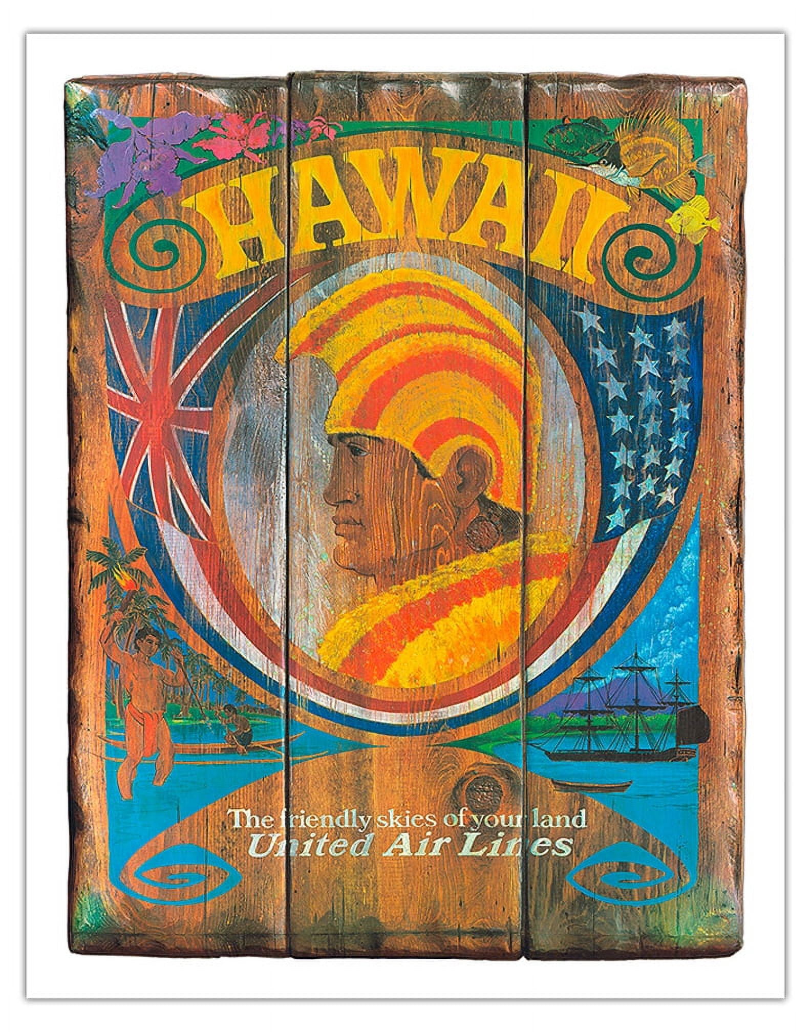 Hawaii - Wood Panel Sign with Hawaiian Chief (Ali’i) - United Air Lines ...