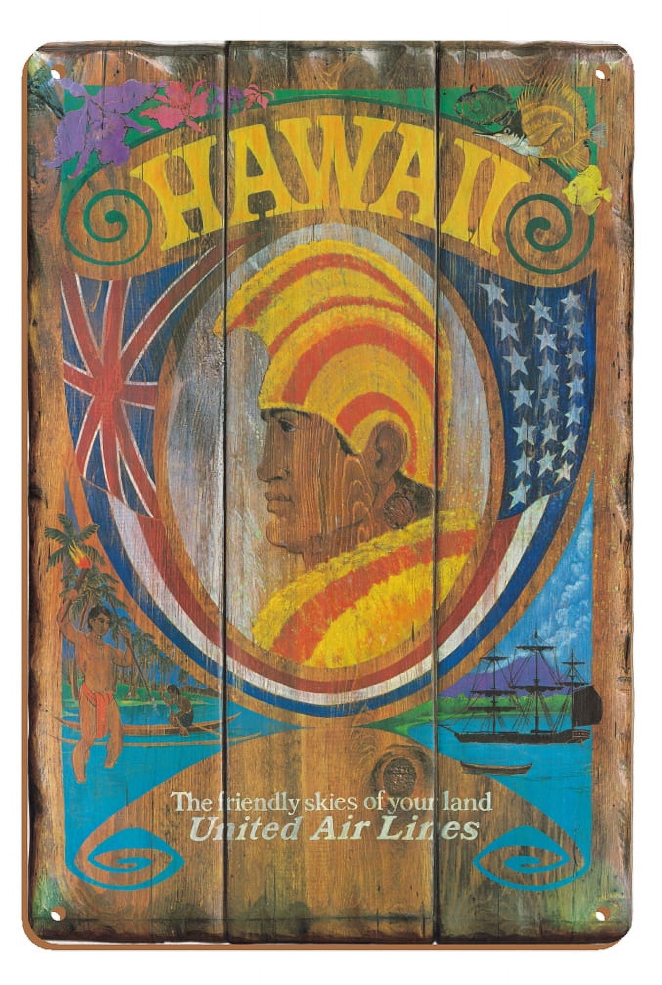Hawaii - Wood Panel Sign with Hawaiian Chief (Ali’i) - United Air Lines ...