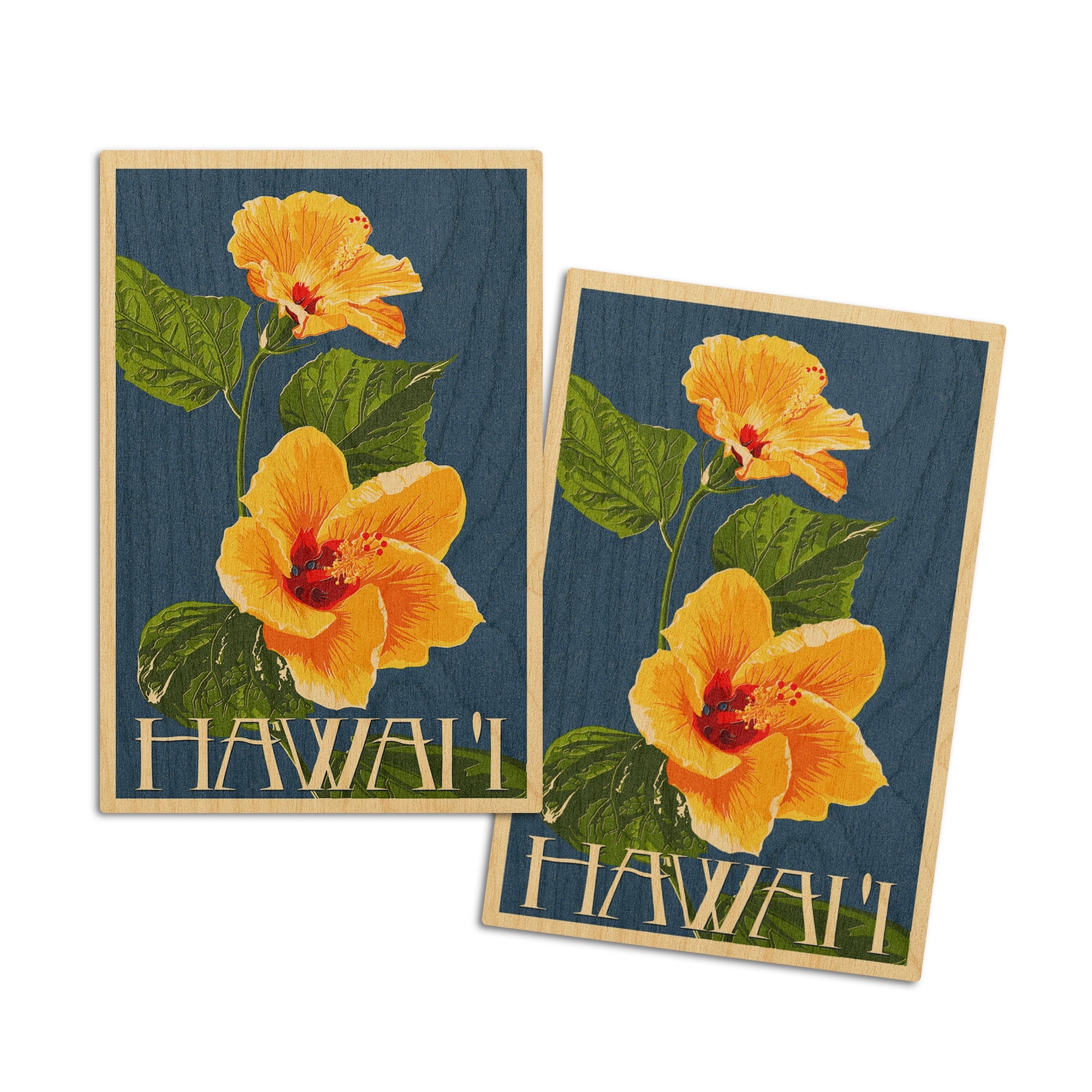 Hawaii, Yellow Hibiscus Flower Letterpress (4x6 Birch Wood Postcards, 2 ...
