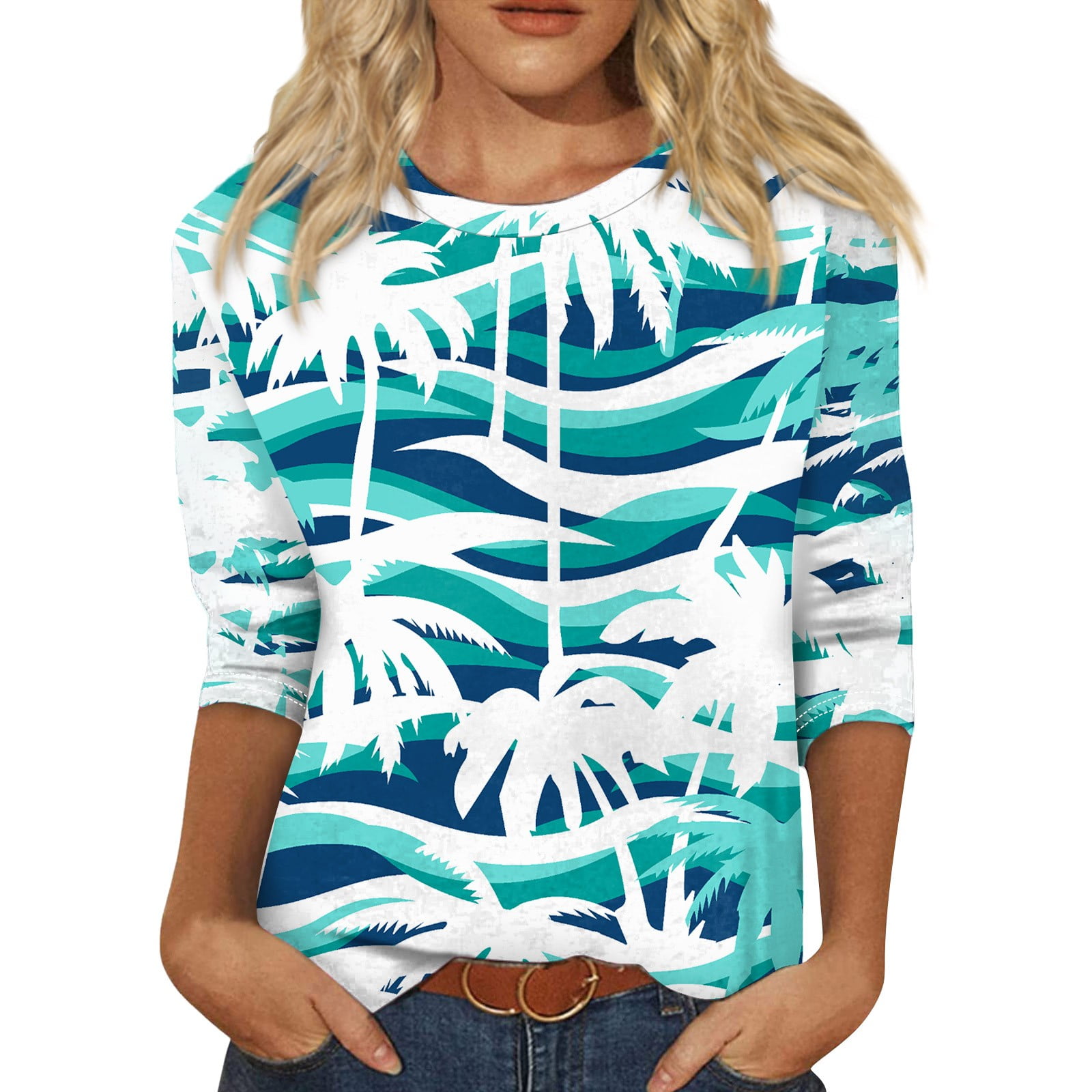 Hawaiian 3/4 Sleeve Shirts for Women 2024 Tropical Casual Tops for ...