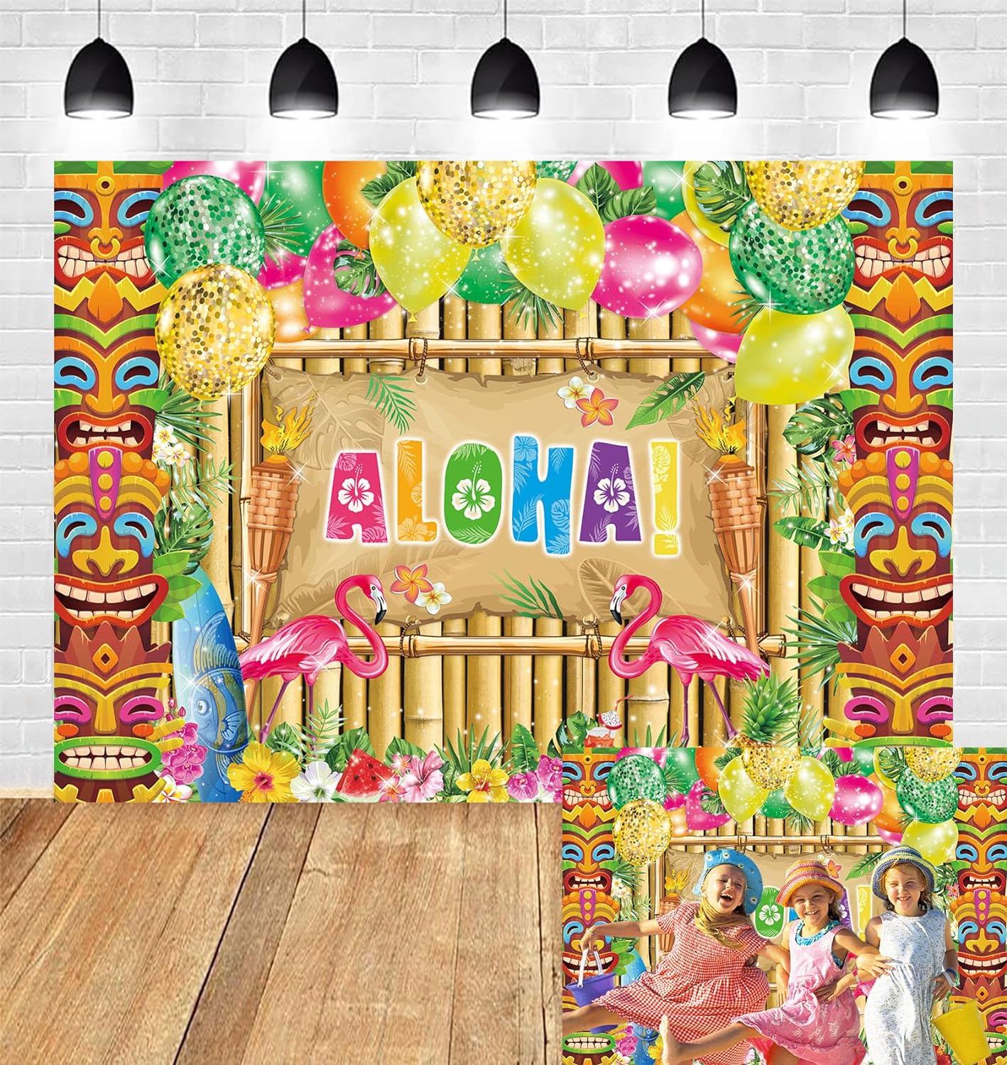 Hawaiian Aloha Luau Reed Backdrop Summer Balloon Palm Leaf Flamingos Beach Background Tropical ...