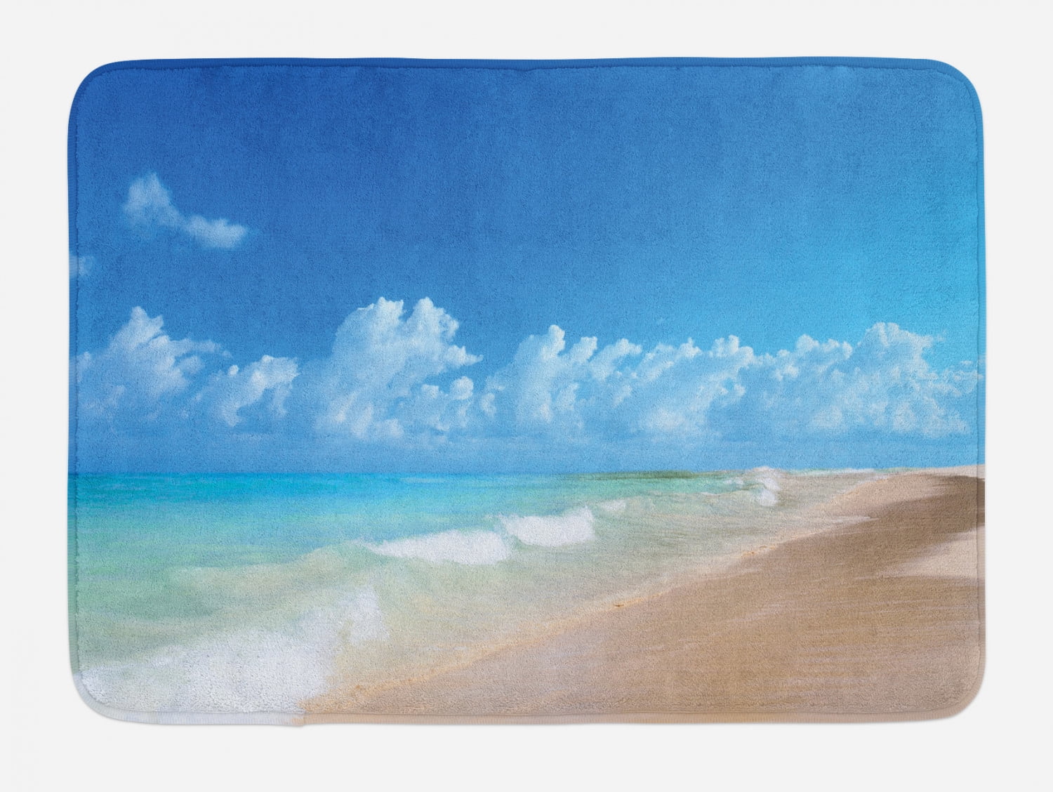 Hawaiian Bath Mat, Tropical Seacoast Wavy Ocean Fluffy Clouds on ...