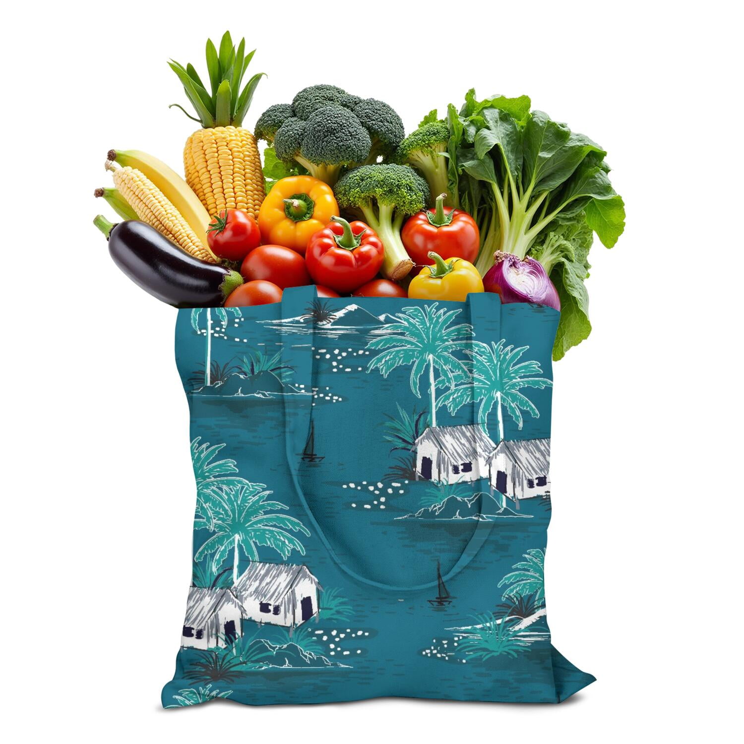 Hawaiian Beach Landscape Canvas Tote Bag, Reusable Tropical Palm Tree ...