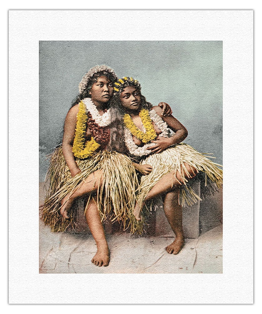 Hawaiian Beauties - Two Native Girls in Grass Skirts and Flower Leis ...