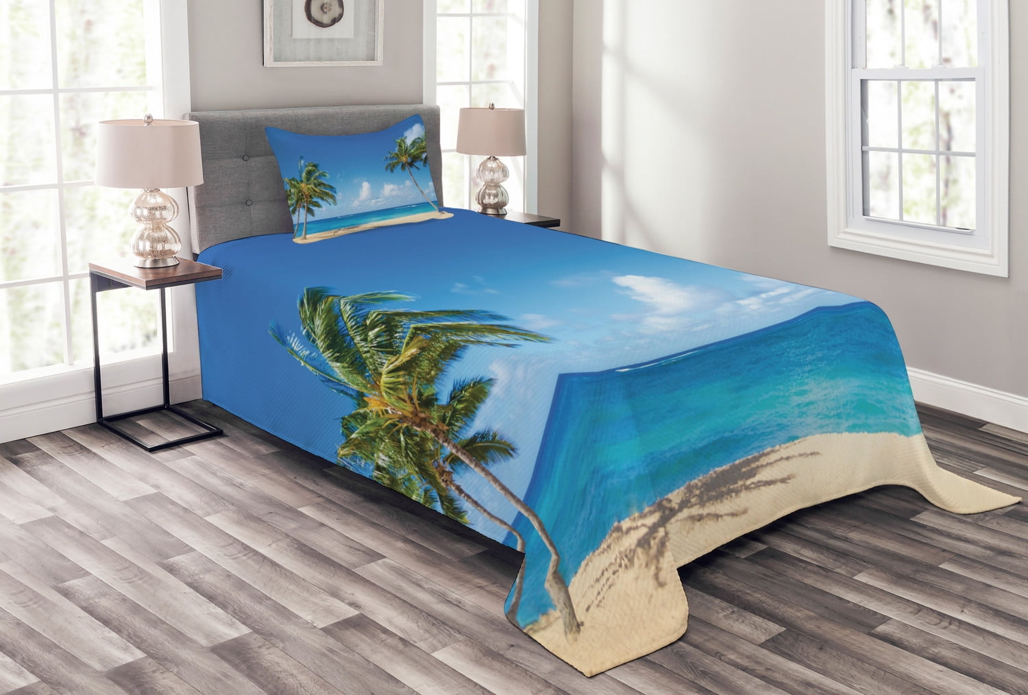 Hawaiian Bedspread, Windy Exotic Island Tropical Trees Calm Beachy ...