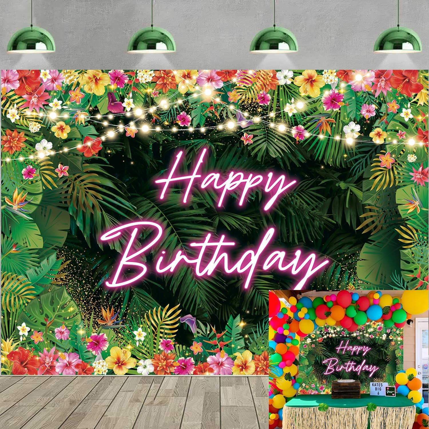 Hawaiian Birthday Backdrop Summer Tropical Flowers Palm Leaves Birthday ...