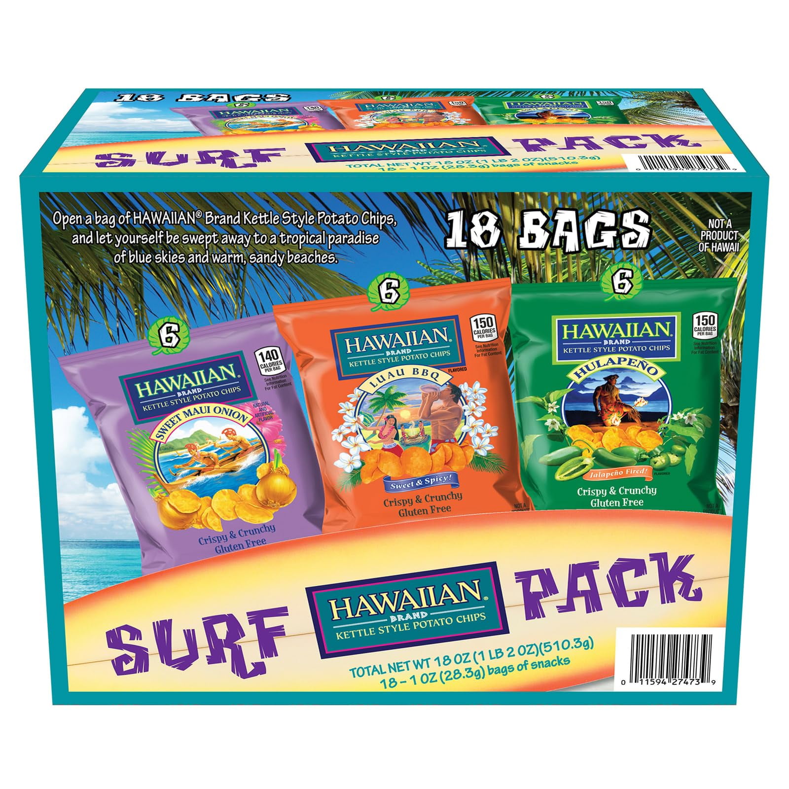 Hawaiian Brand Kettle Style MZF22 Potato Chips Surf 18 Single-Serve ...