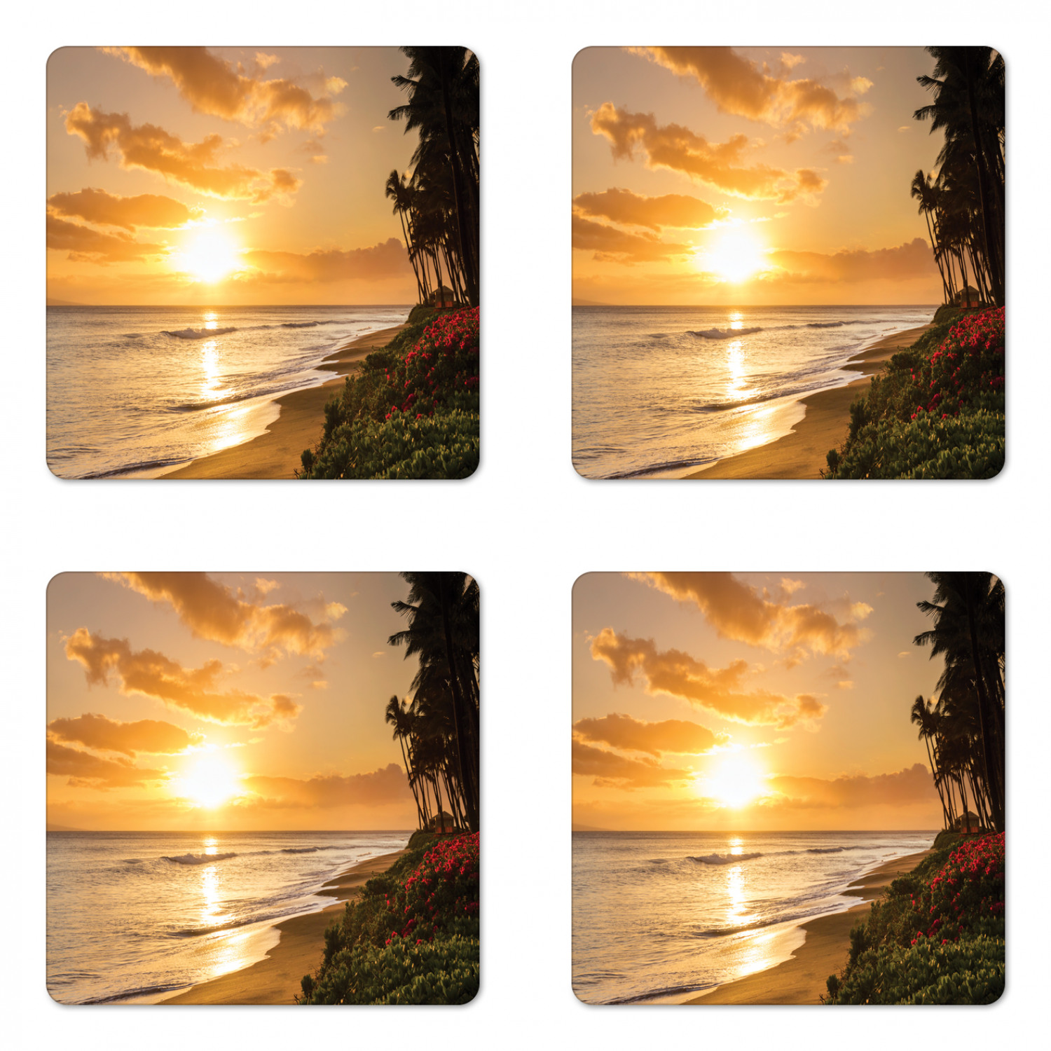 Hawaiian Coaster Set of 4, Warm Tropical Sunset on Sands of Kaanapali ...