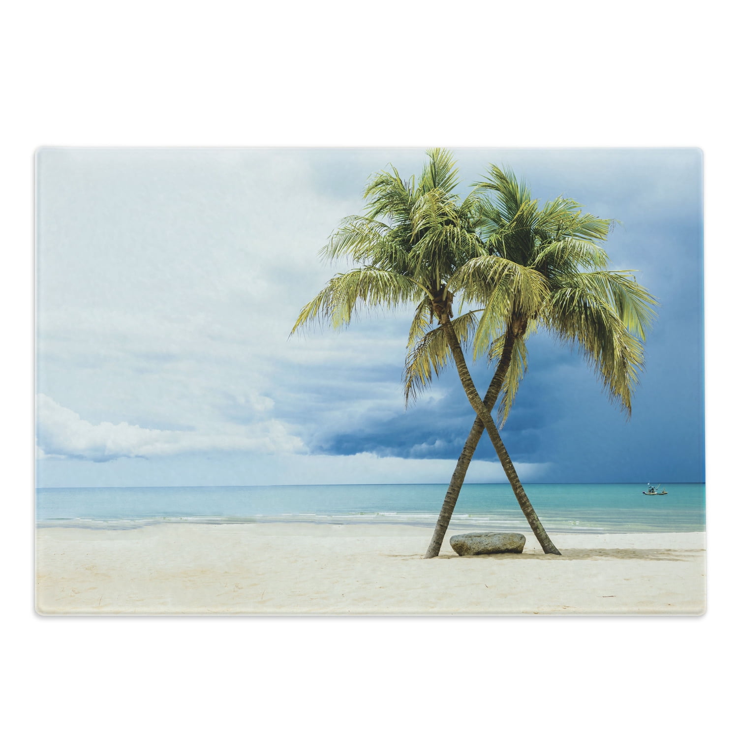 Hawaiian Cutting Board, Cloudy Sky Boat in the Sea Palm Trees Sandy ...