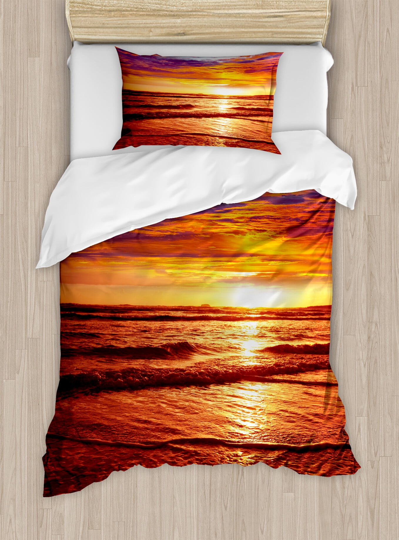 Hawaiian Duvet Cover Set, Dramatic Picture of Sunset over Beach Sun ...