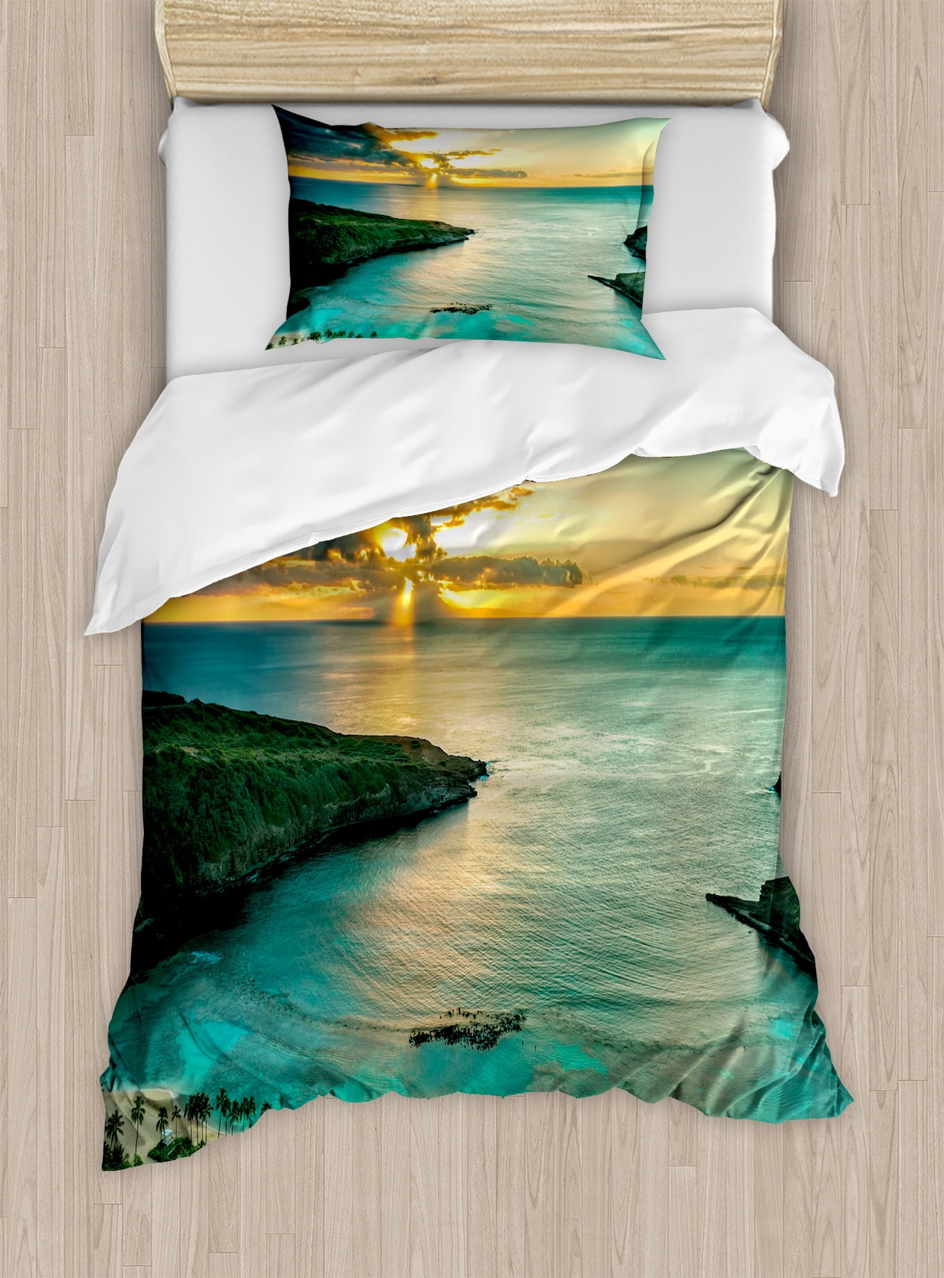 Hawaiian Duvet Cover Set, Sunrise over Hanauma Bay Oahu Hawaii Sunbeams ...