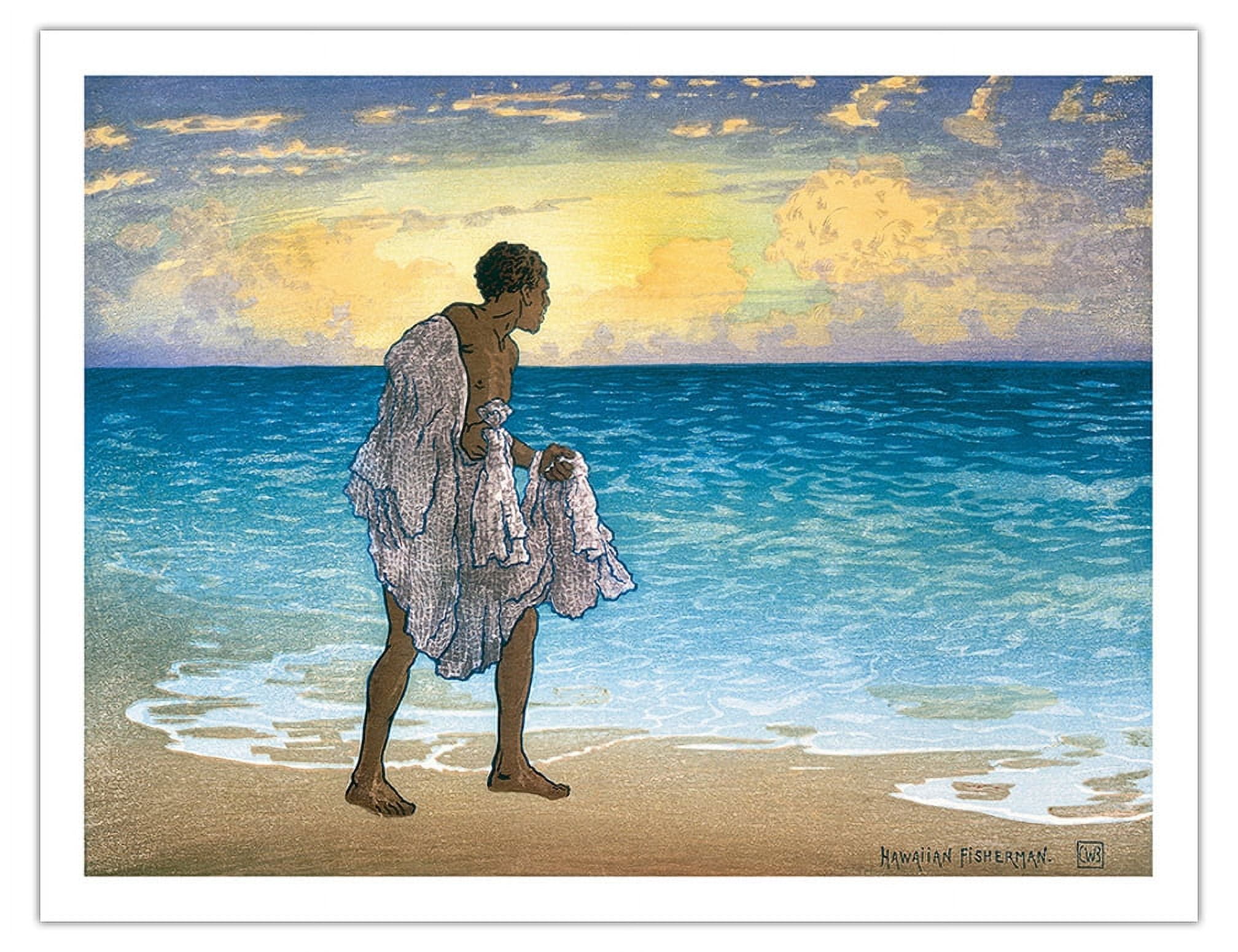 Hawaiian Fisherman (Lawaiʻa) Casting His Net - Vintage Colored Woodblock Print by Charles W ...