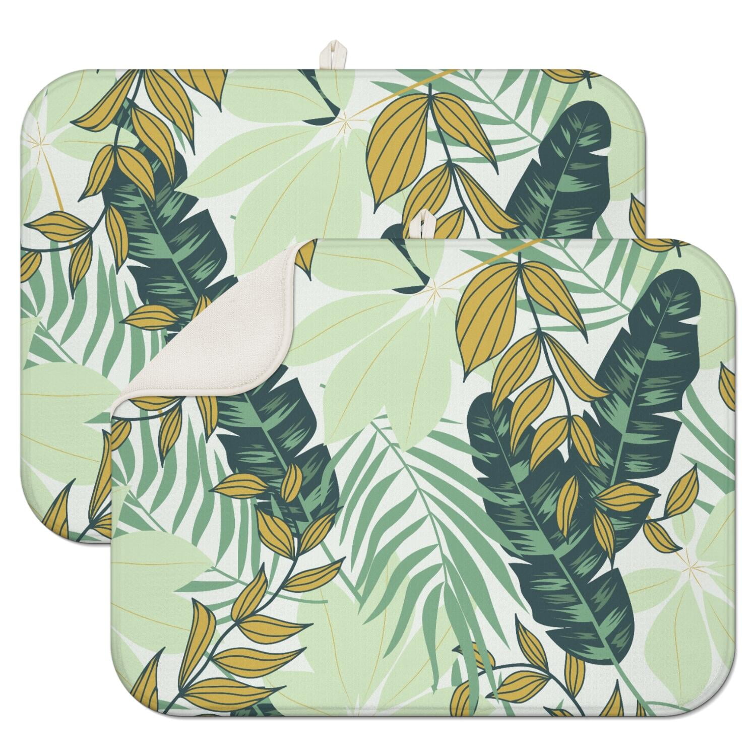 Hawaiian Floral Dish Drying Mat – Leafy Tropical Plant Design with Retro Vibrant Colors, Beach ...