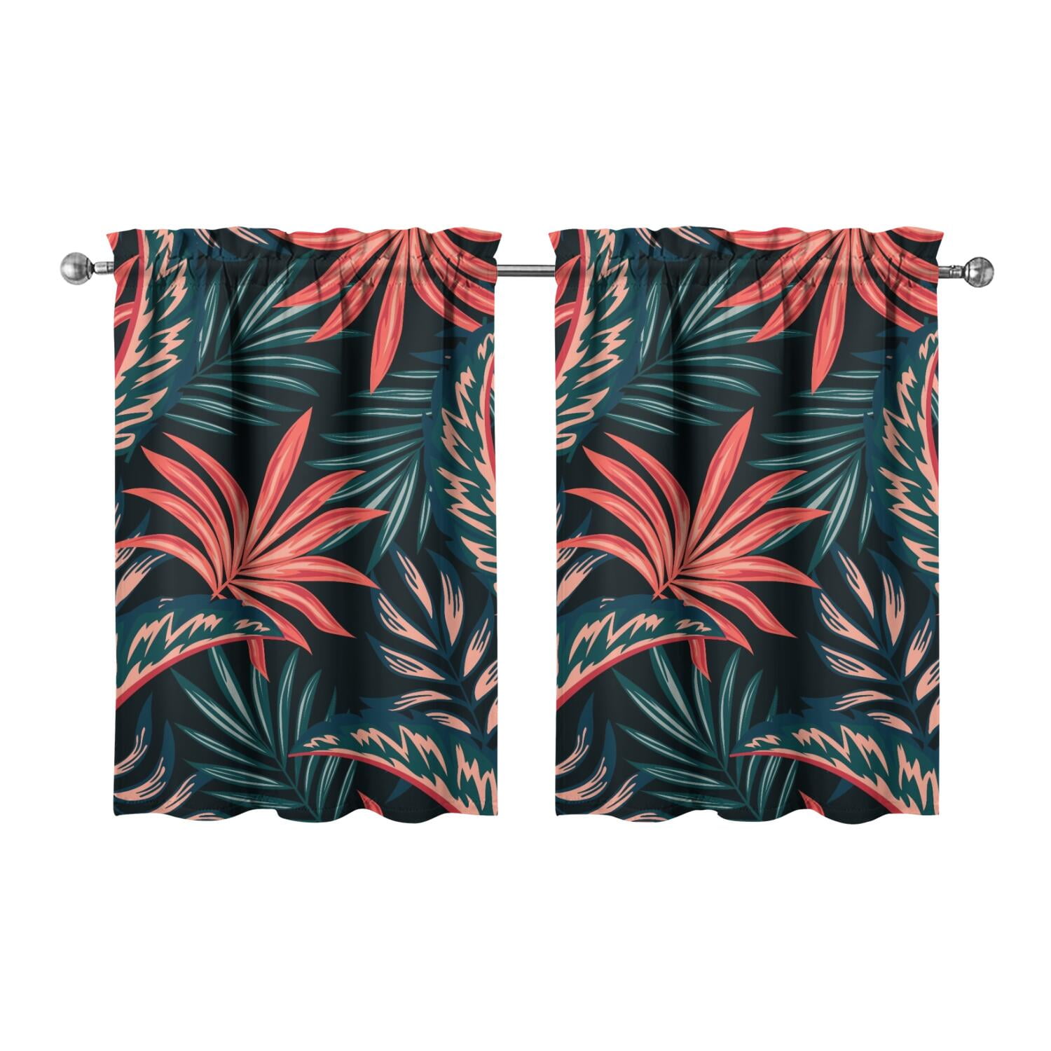 Hawaiian Floral & Jungle Leaves 2-Piece Kitchen Curtains 27.5x36 Inch ...