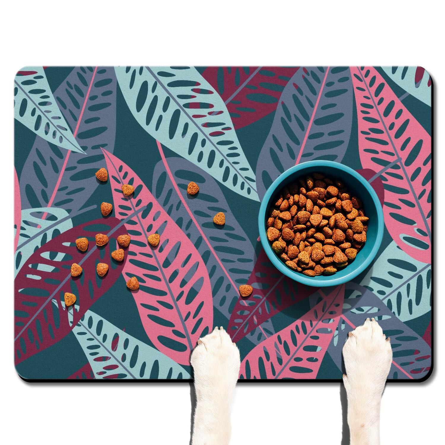 Hawaiian Floral Pet Food Mat - Tropical Plant Dog Bowl Mat - Multi ...