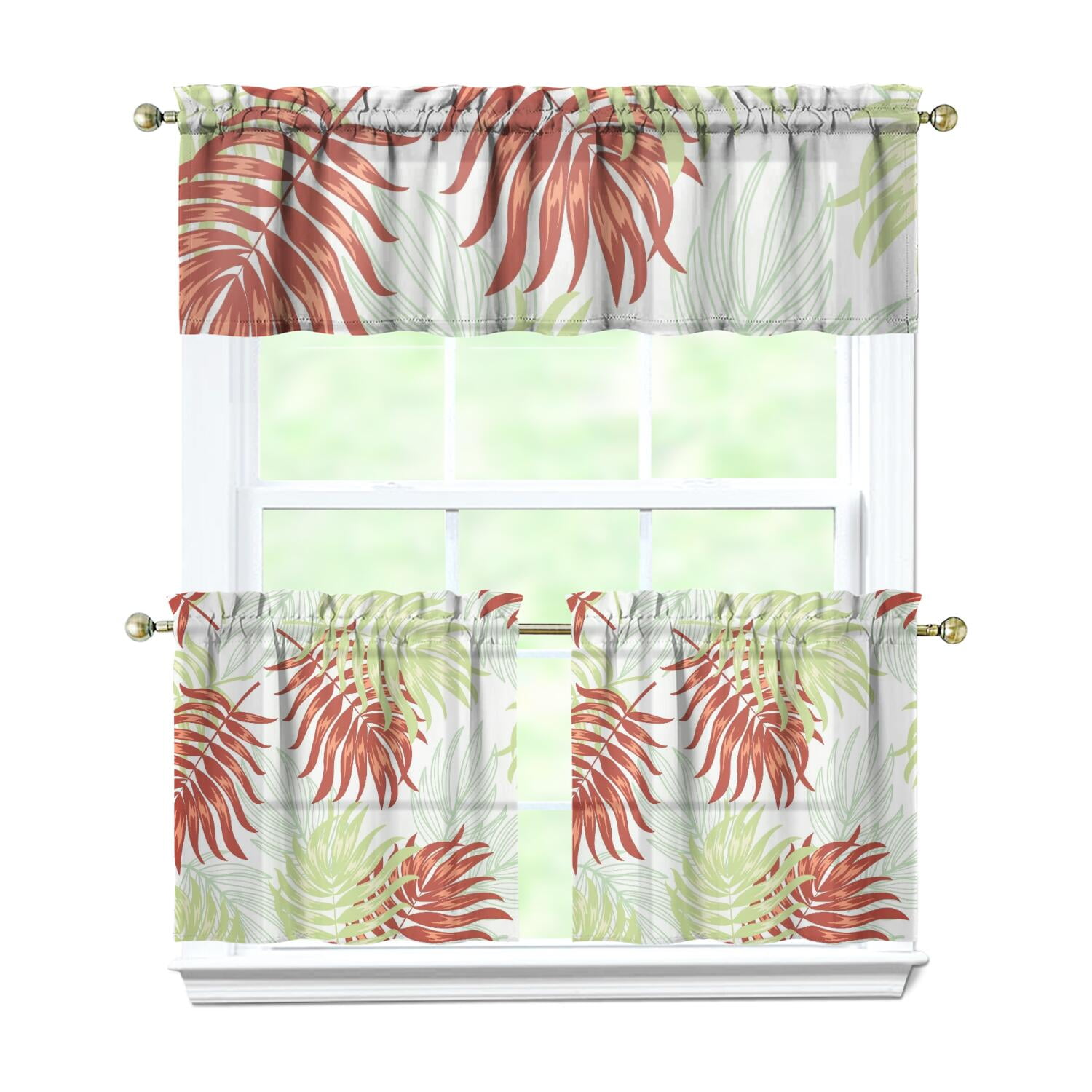 Hawaiian Floral Short Curtains for Kitchen - Tropical Leaf Rod Pocket ...