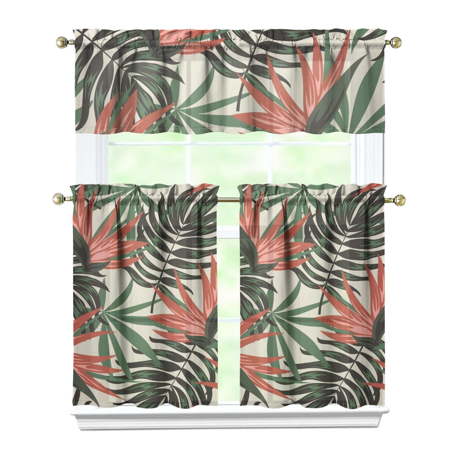 Hawaiian Floral Tier Curtains 3-Piece Set - Colorful Exotic Leafy ...