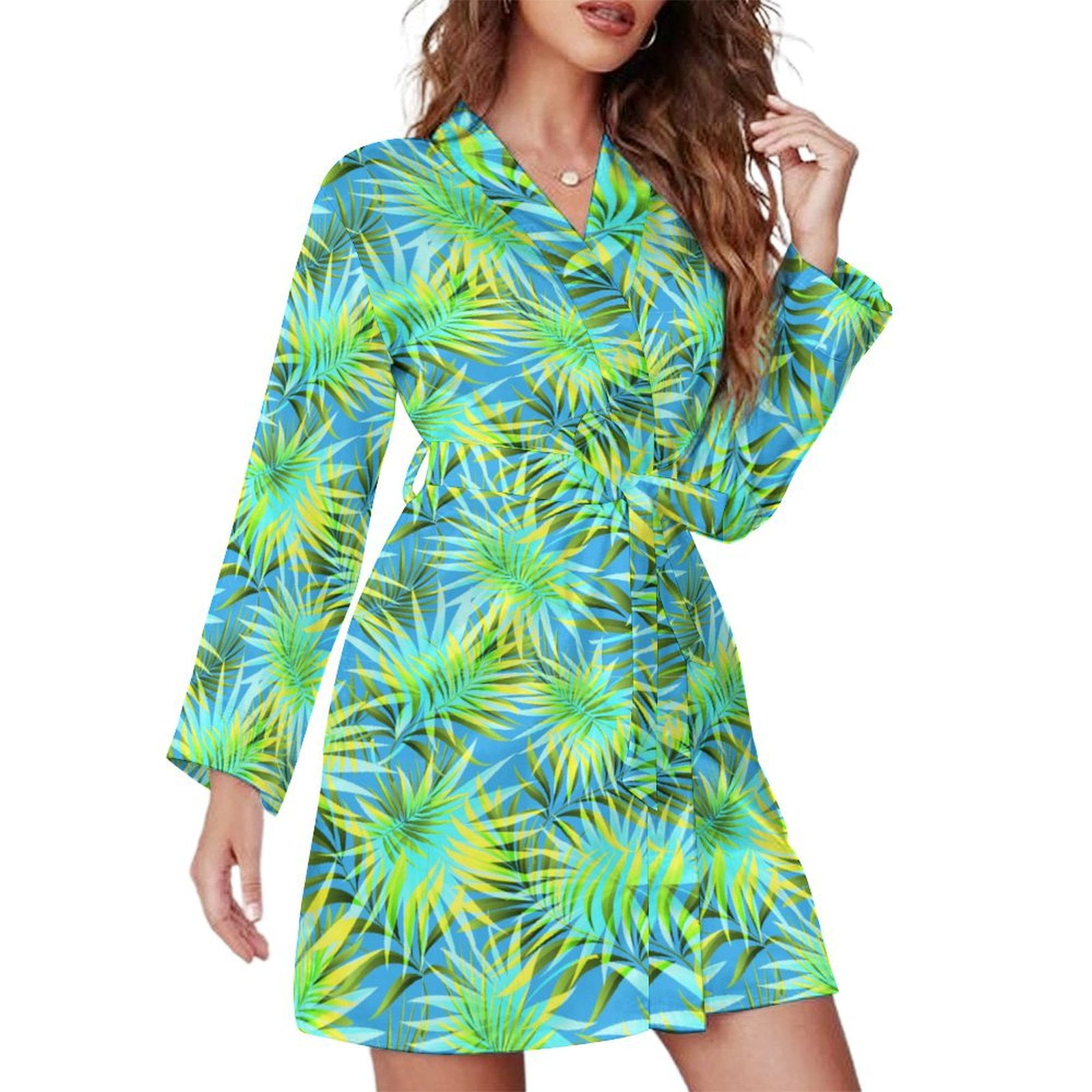 Hawaiian Flowers And Leaves for Background Night Robe Long Sleeve V ...