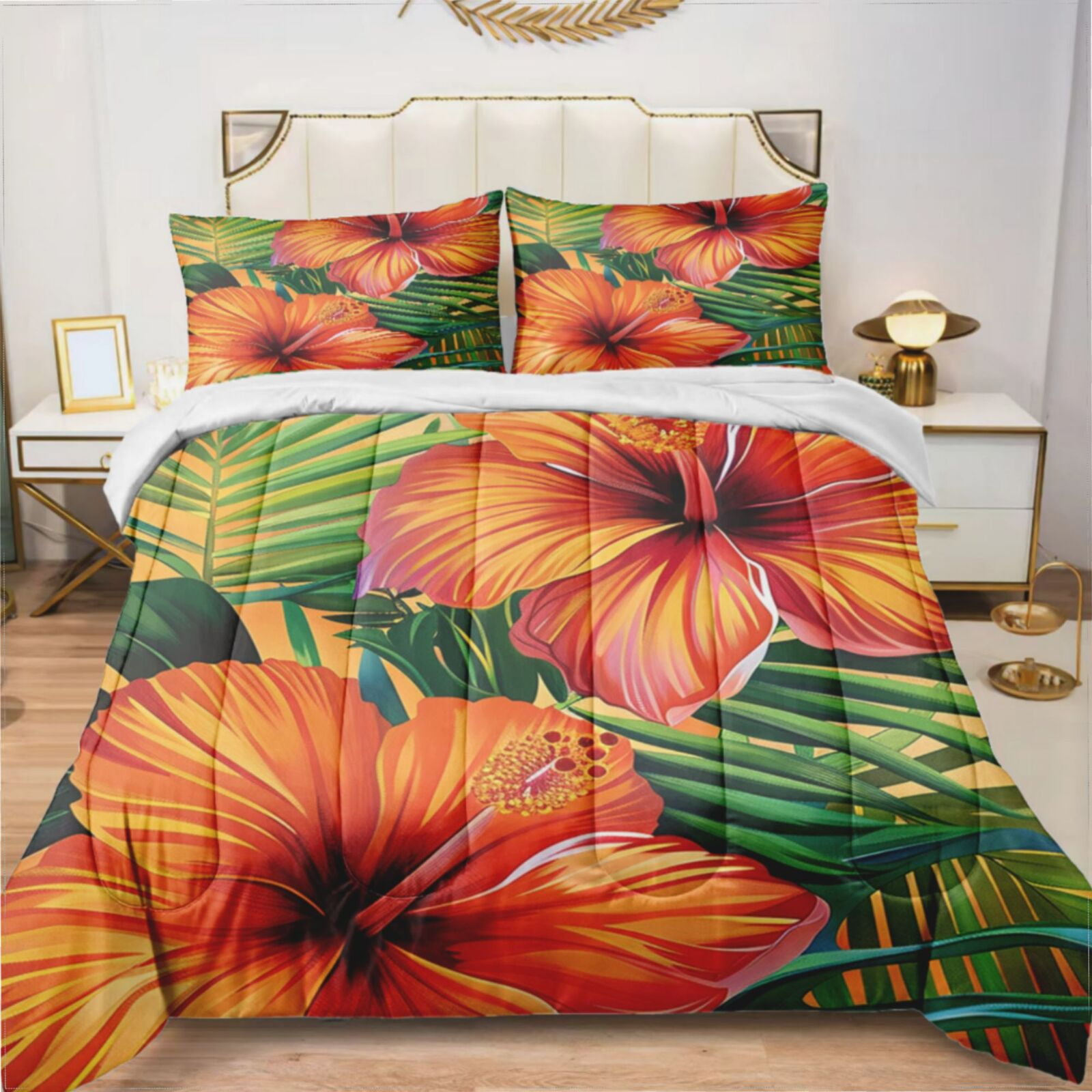 Hawaiian Flowers Palm Leaves Orange Flowers (256) Comforter Set With 2 ...