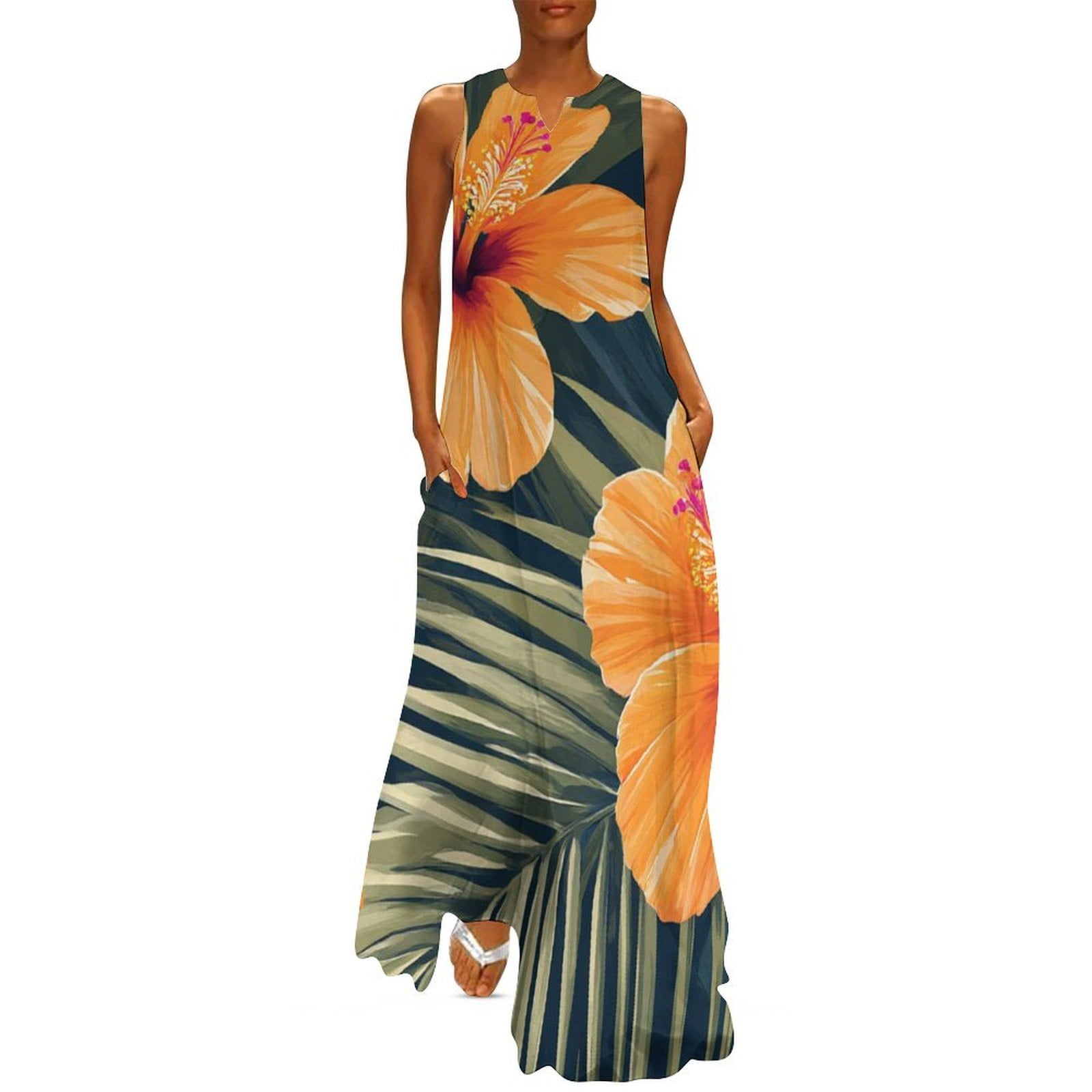 Hawaiian Flowers Palm Leaves Orange Flowers Long Dress luxury evening ...