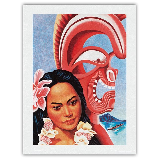 Hawaiian Girl And Feather War God Tiki American President Lines Vintage Ocean Liner Travel