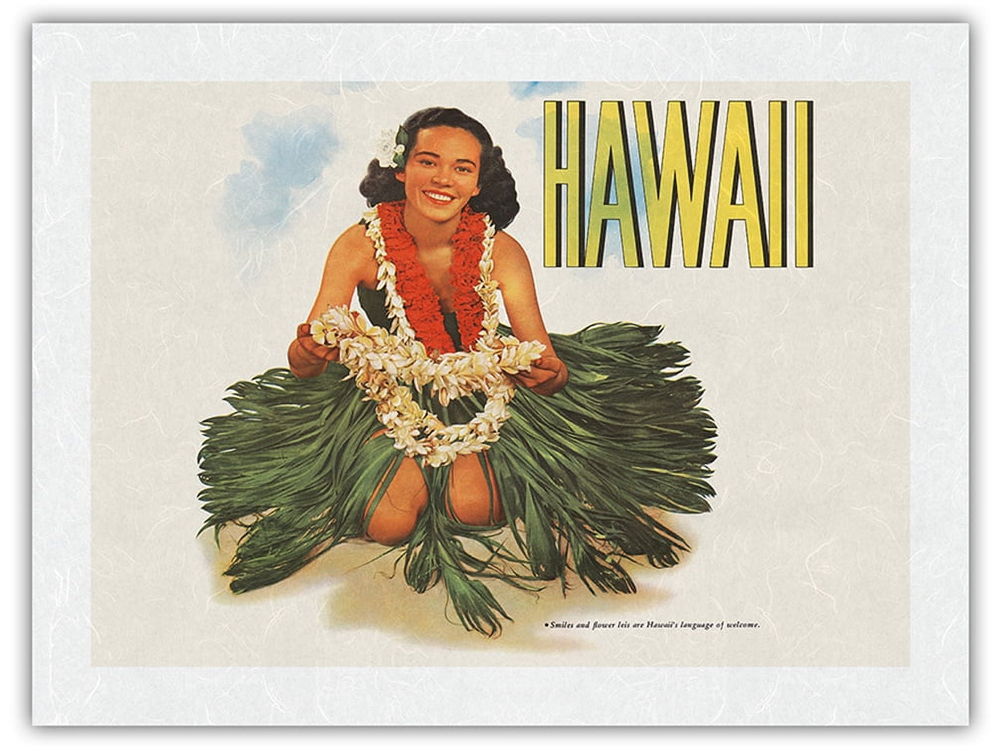 Hawaiian Girl with Flower Leis - Vintage Ocean Liner Travel Poster c ...