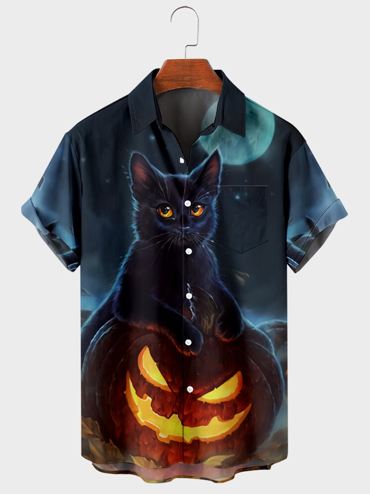 Hawaiian Halloween Pumpkin Cat Shirts for Men Short Sleeve Printed ...