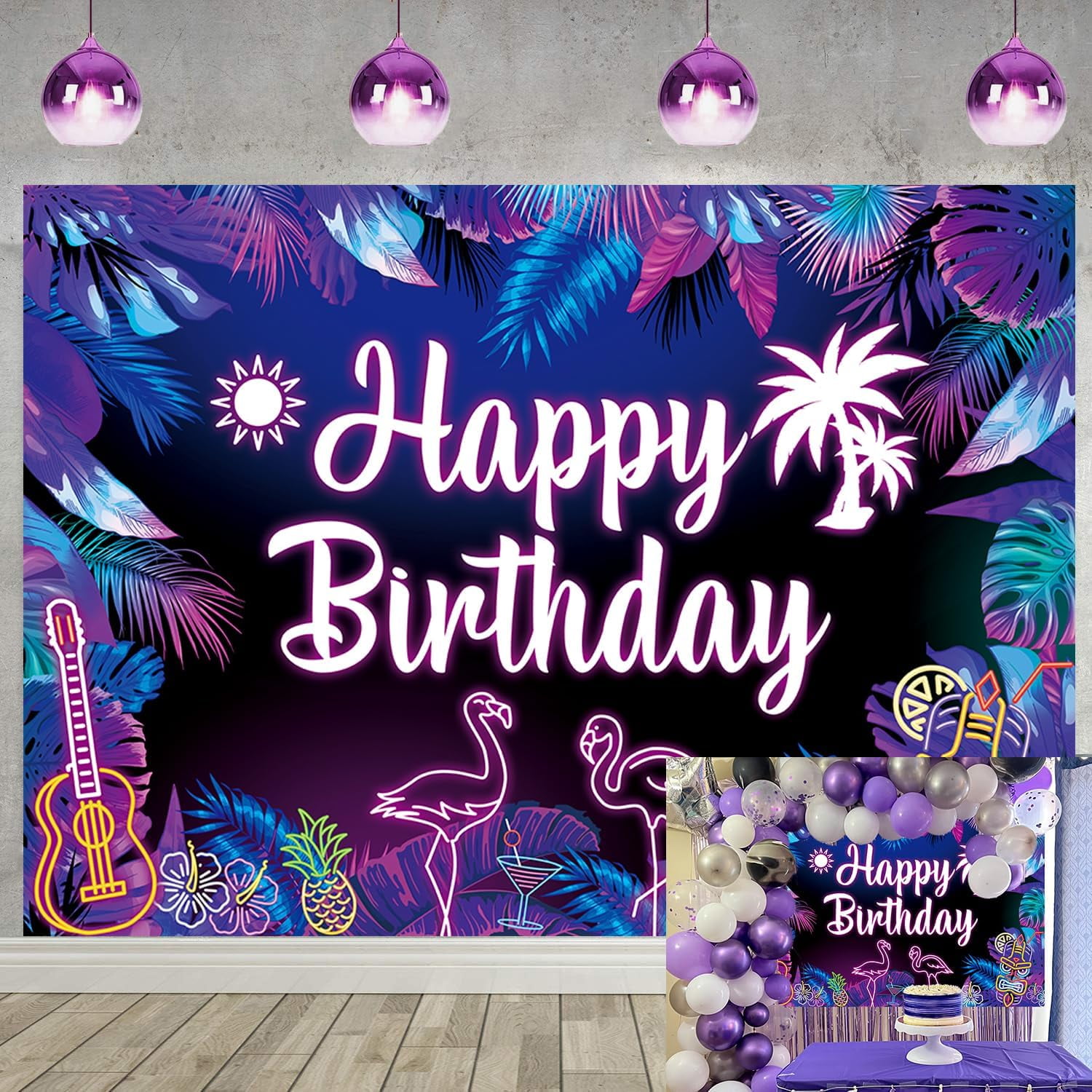 Hawaiian Happy Birthday Backdrop Summer Tropical Neon Palm Leaves ...