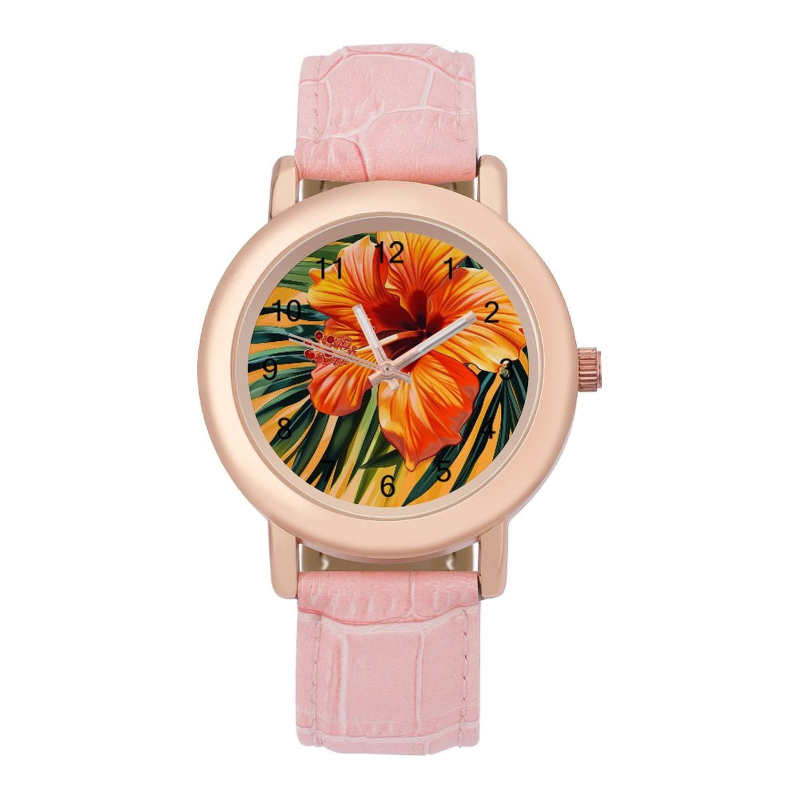 Hawaiian Hibiscus Garden Orange Flowers Women's Leather Strap Watch ...