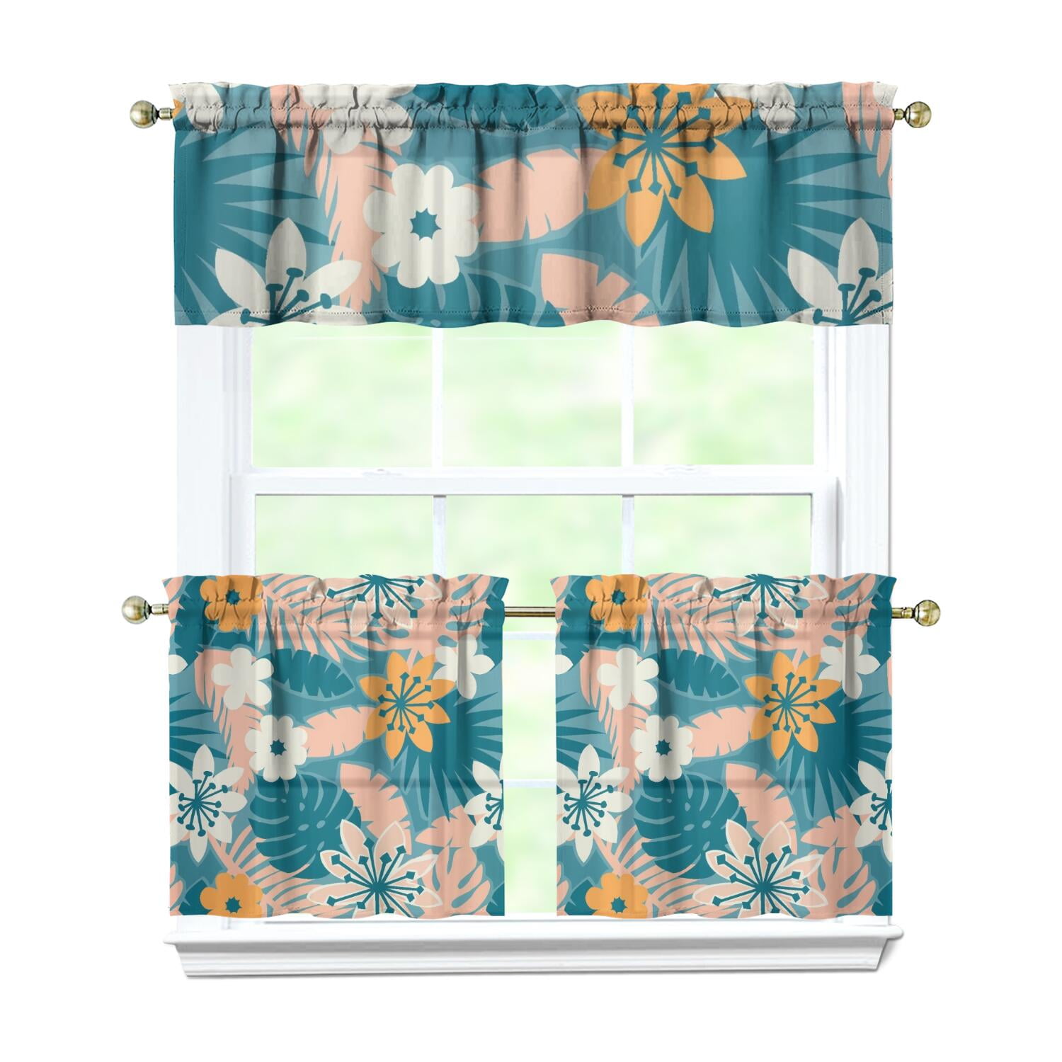 Hawaiian Hibiscus Kitchen Curtains Set, Exotic Floral and Palm Leaf ...