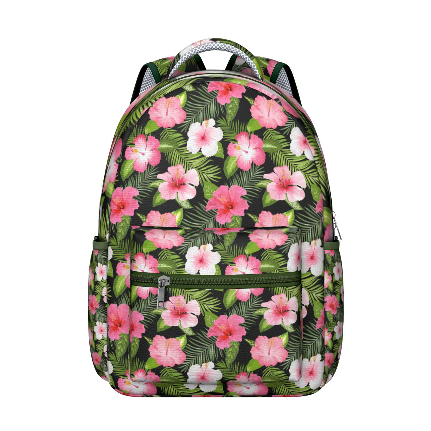 Hawaiian Hibiscus Print Ergonomic Backpack, Spacious Compartment & Side ...